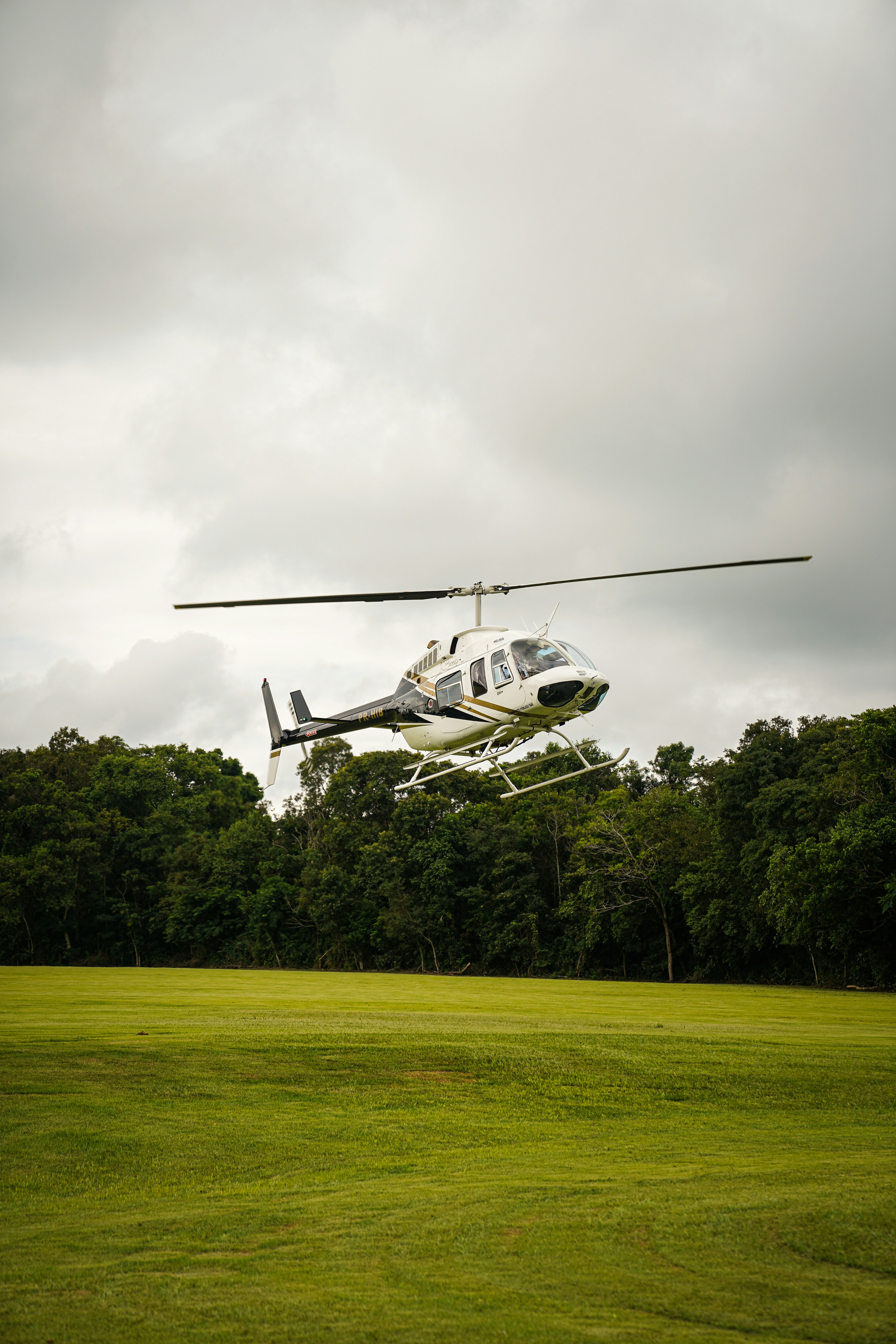 Silent LZ: White helicopter hovering over emerald field at forest edge