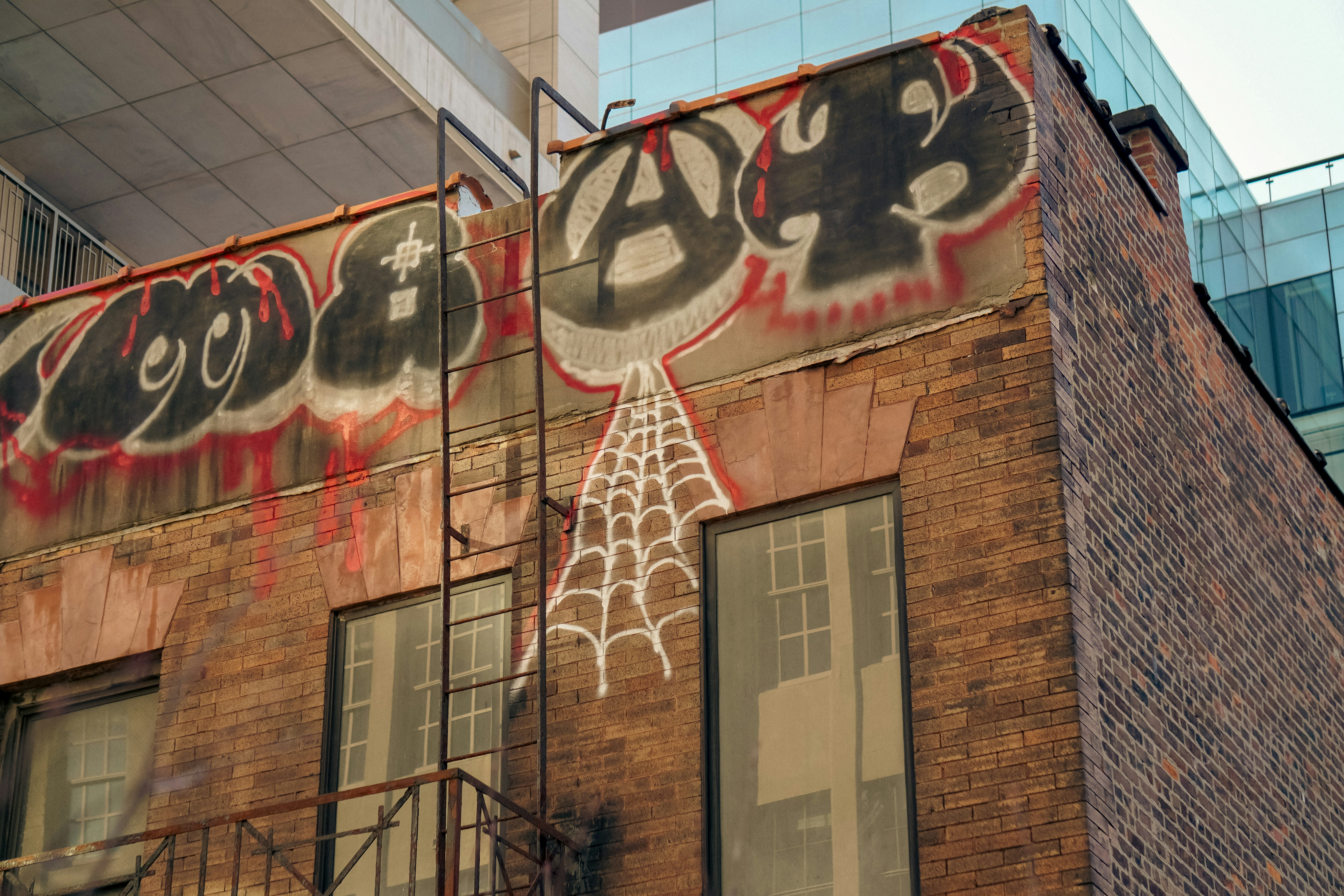 Spider-Web Bridge: Urban Graffiti on a Brick Facade