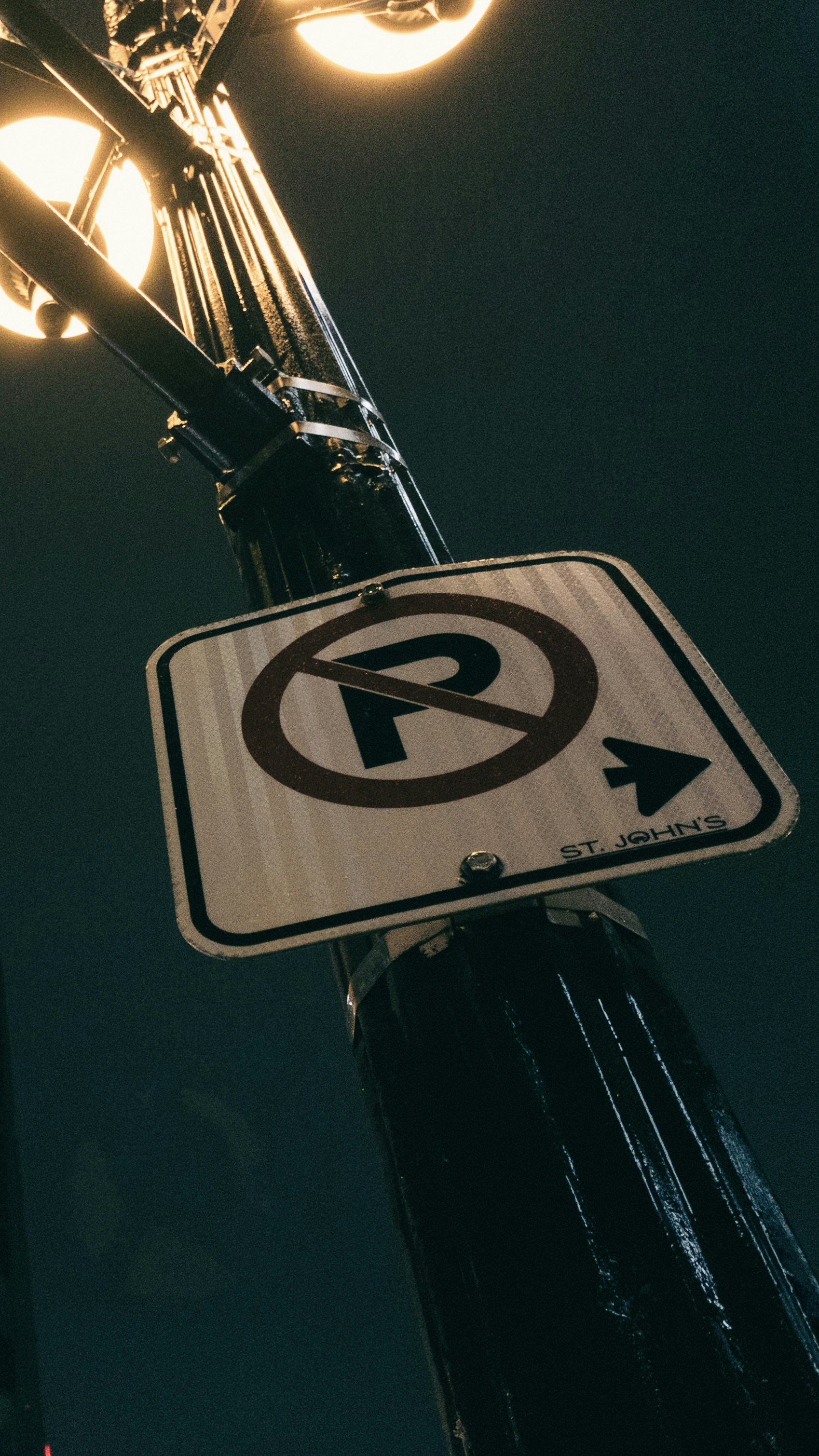 No Parking Sign Clings to a Wet Lamppost Under Warm Night Glow