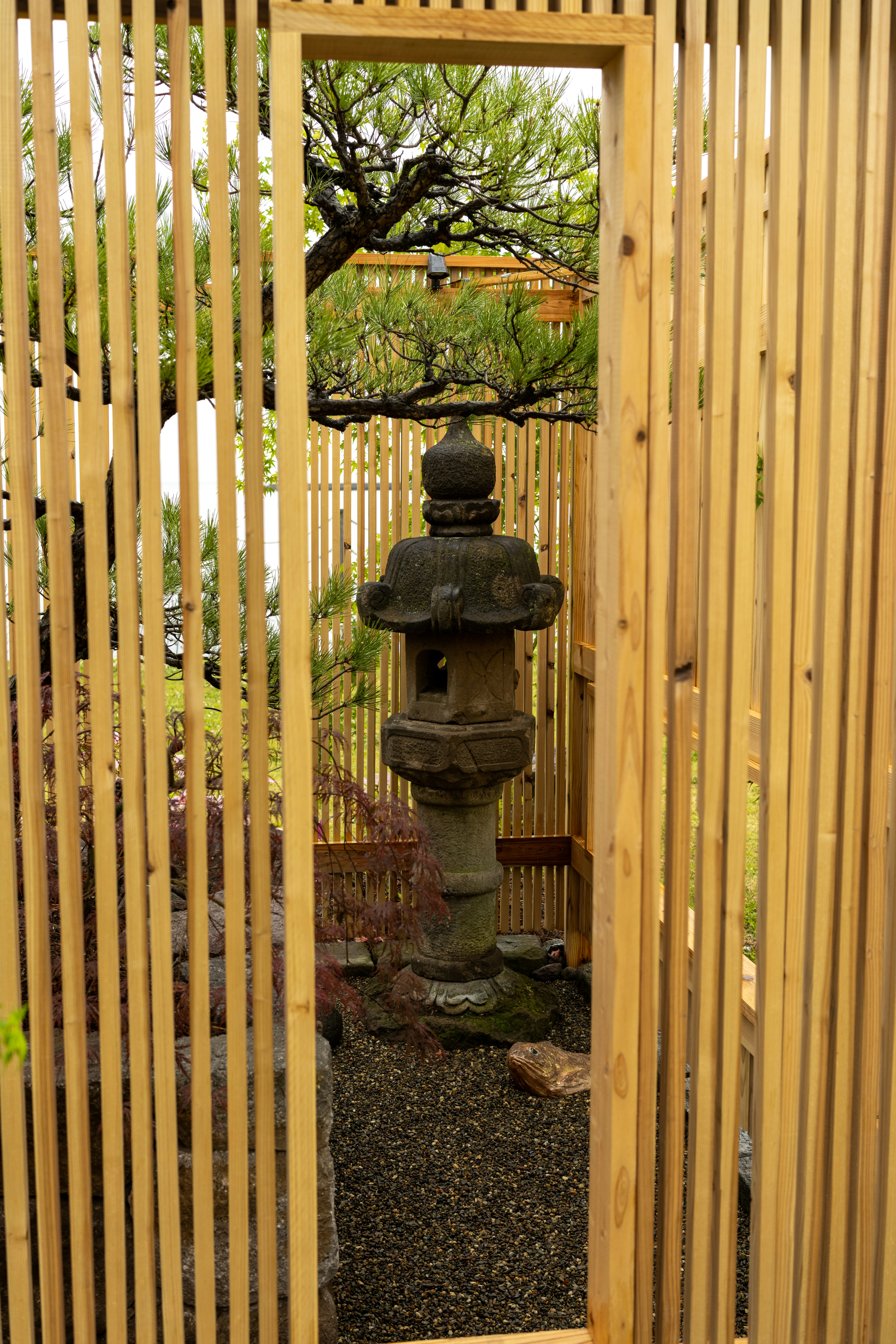 Lantern Framed by Timber Lattices in a Serene Japanese Garden