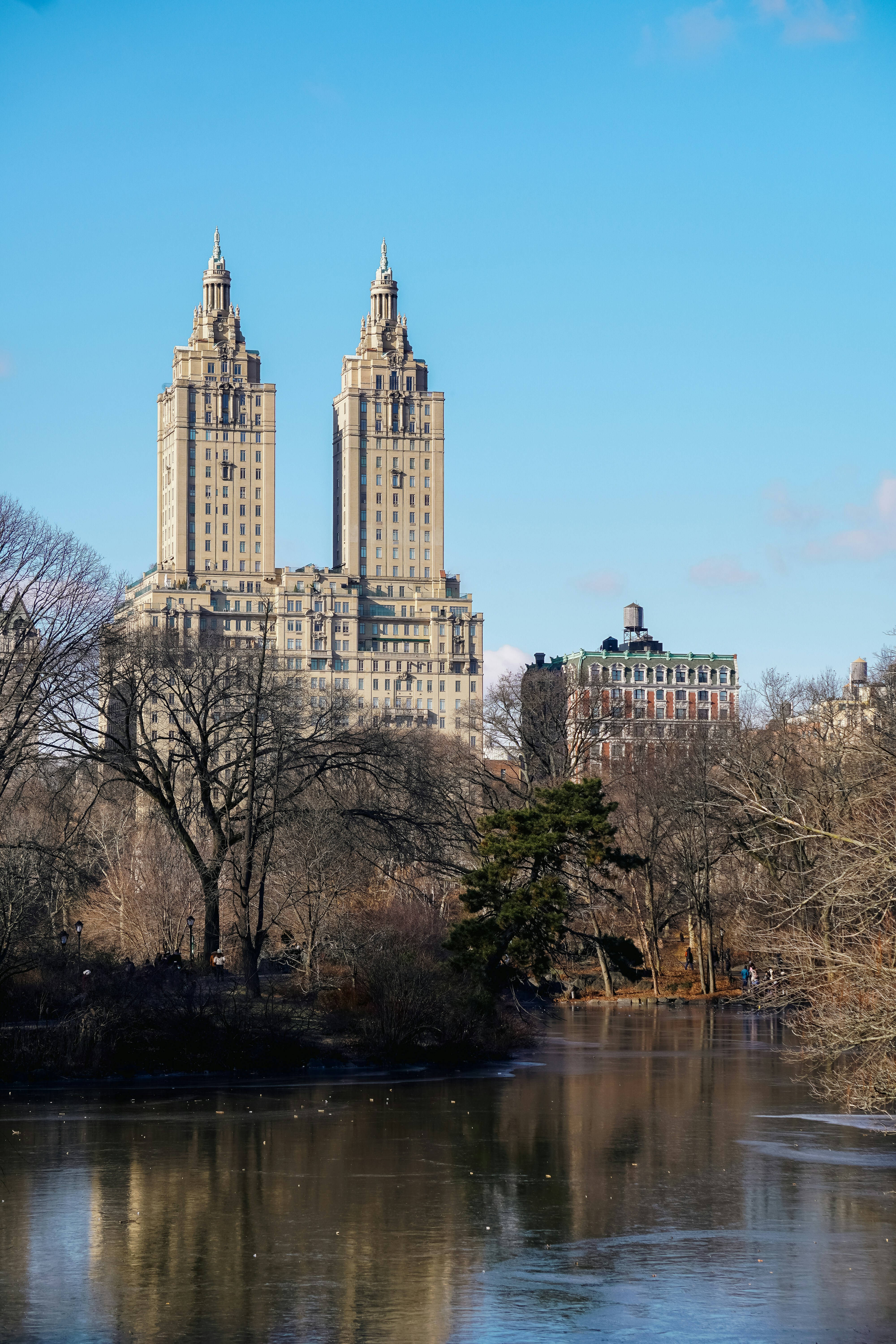 Twin Art Deco Towers Framing a Quiet Winter Riverside