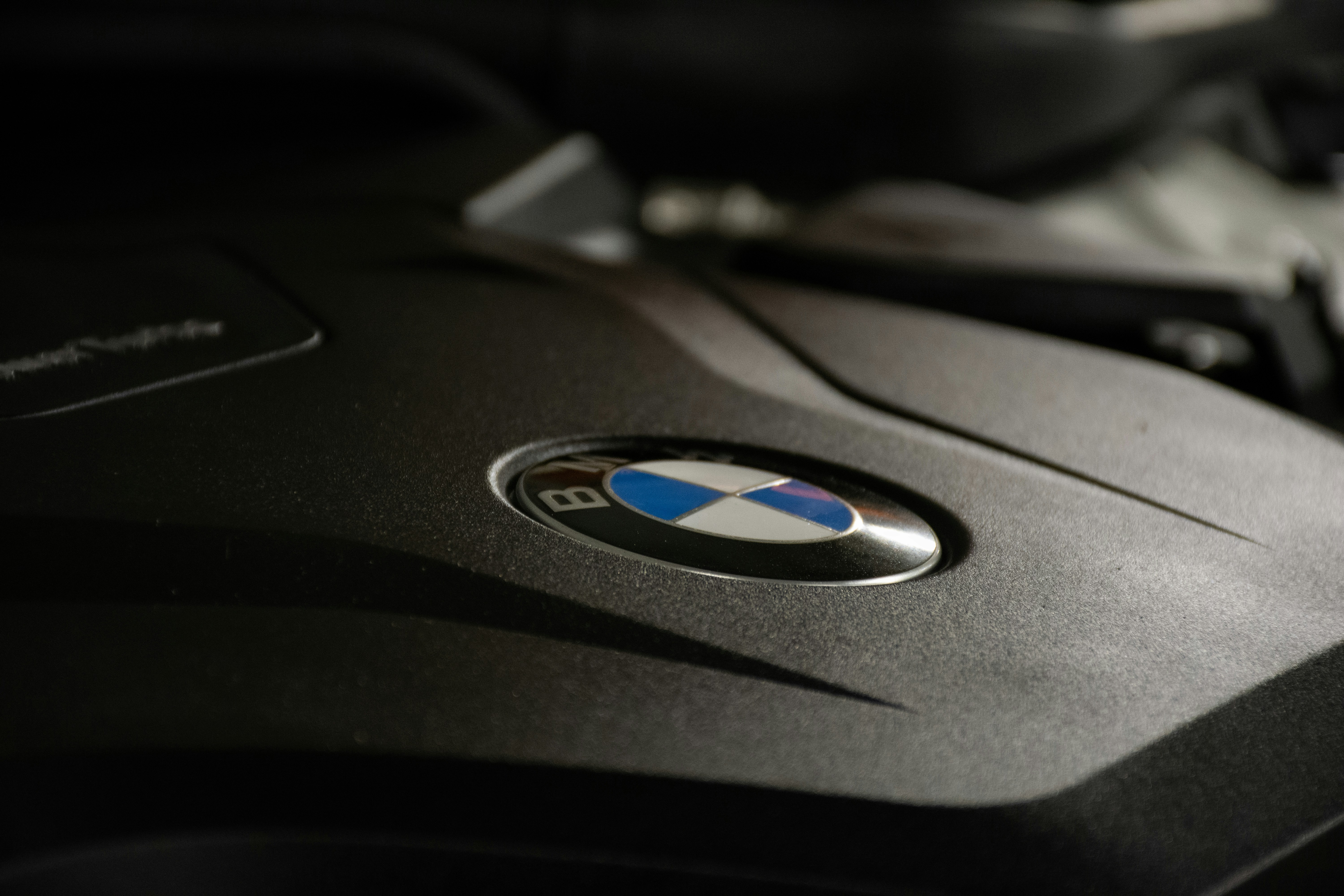 Close-up of a BMW badge resting on a textured hood