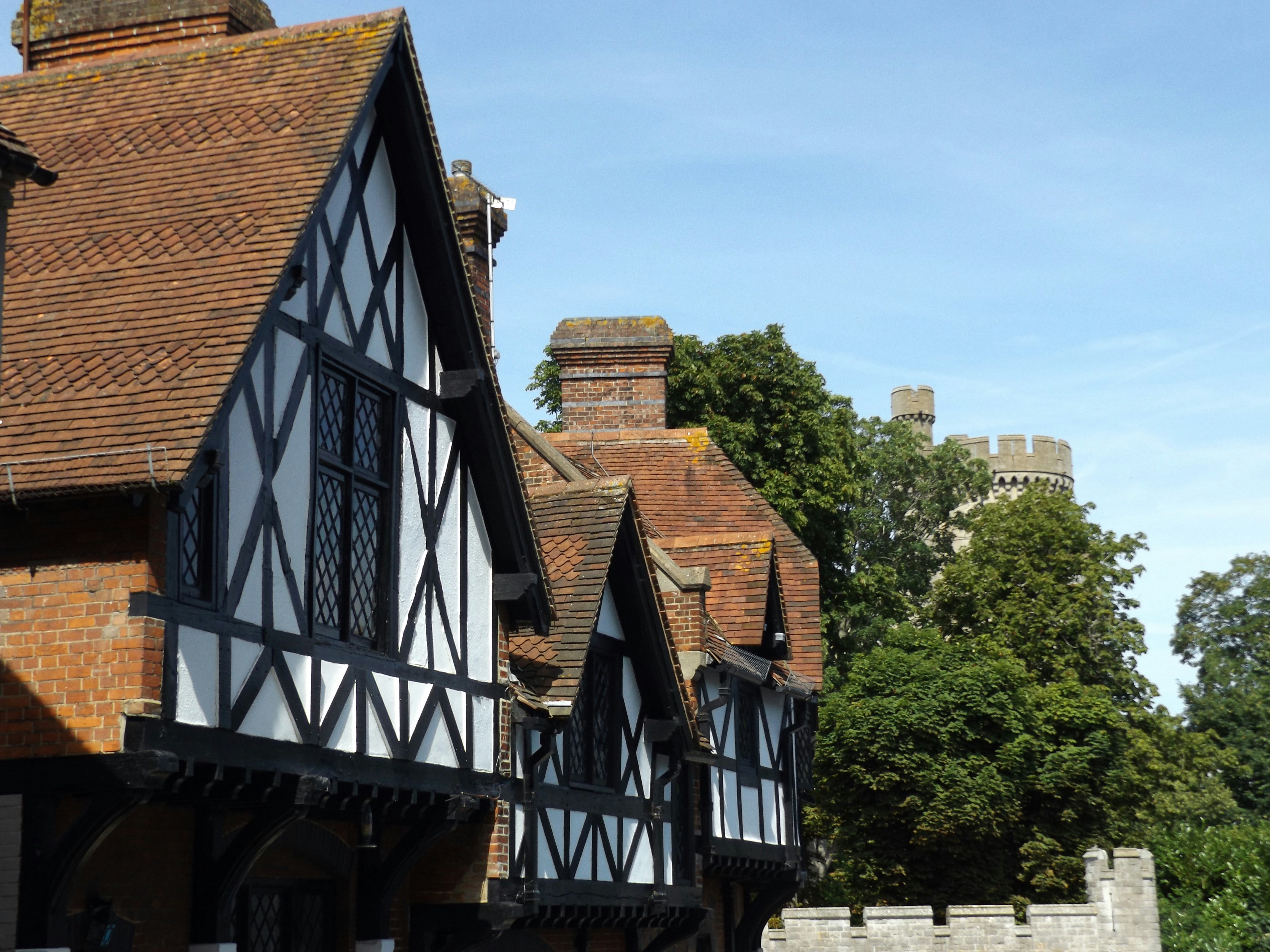 Historic timber-framed buildings framed against a backdrop of lush greenery and an ancient castle. 