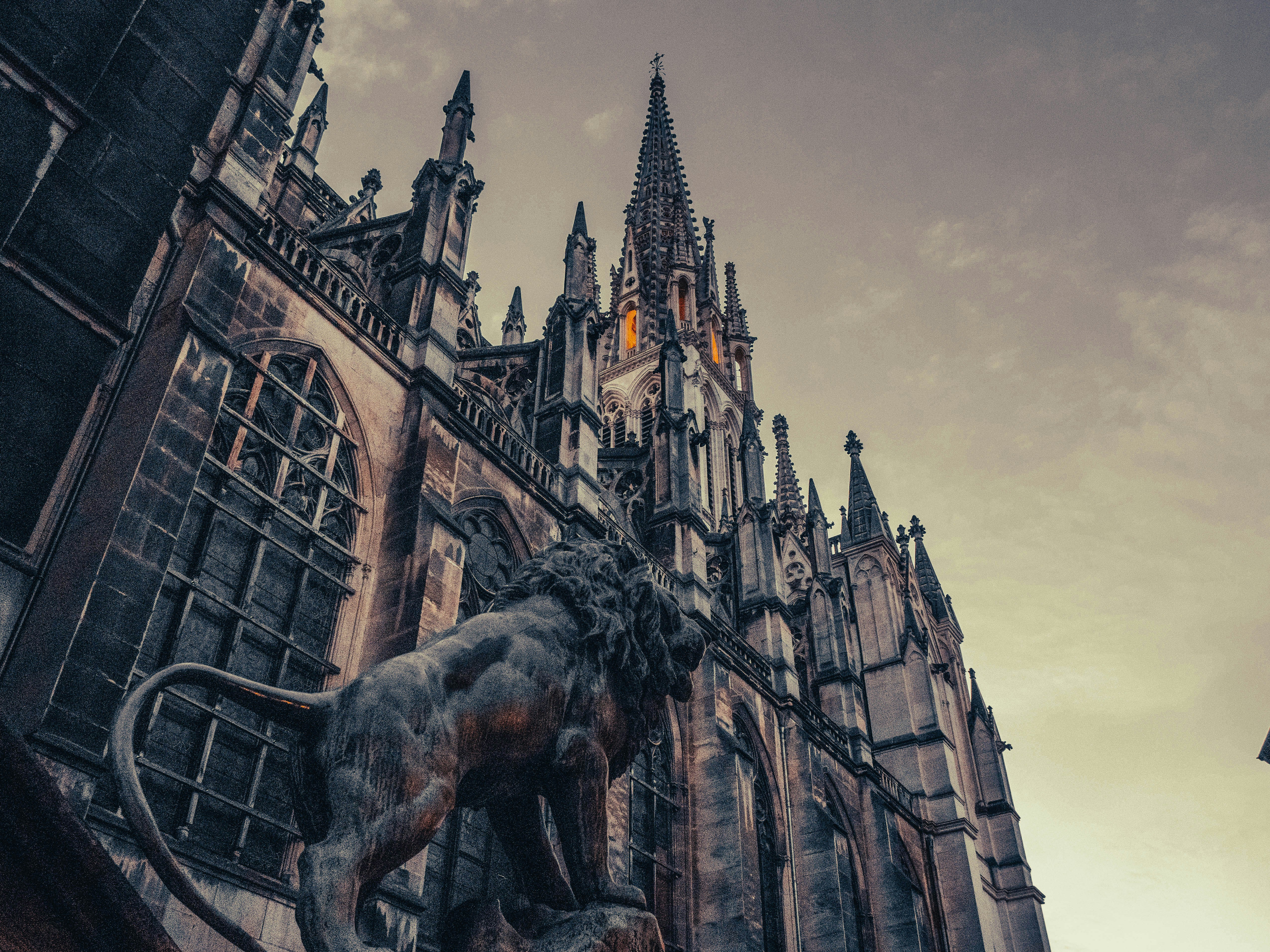 Lion Sentinel Beneath Gothic Spires on a Weathered Facade