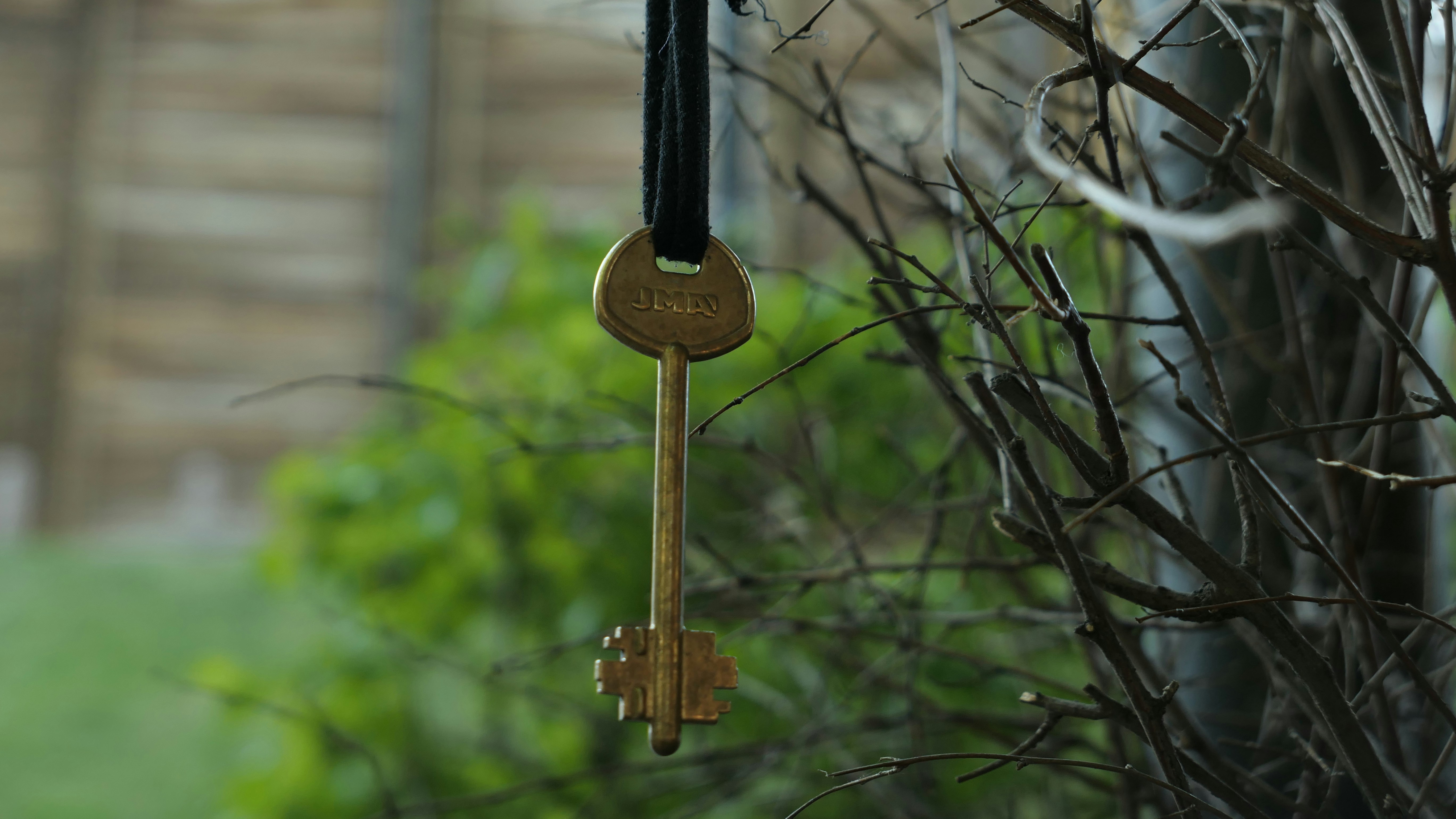 Brass key suspended by a black cord against a softly blurred garden backdrop, branches frame the scene.