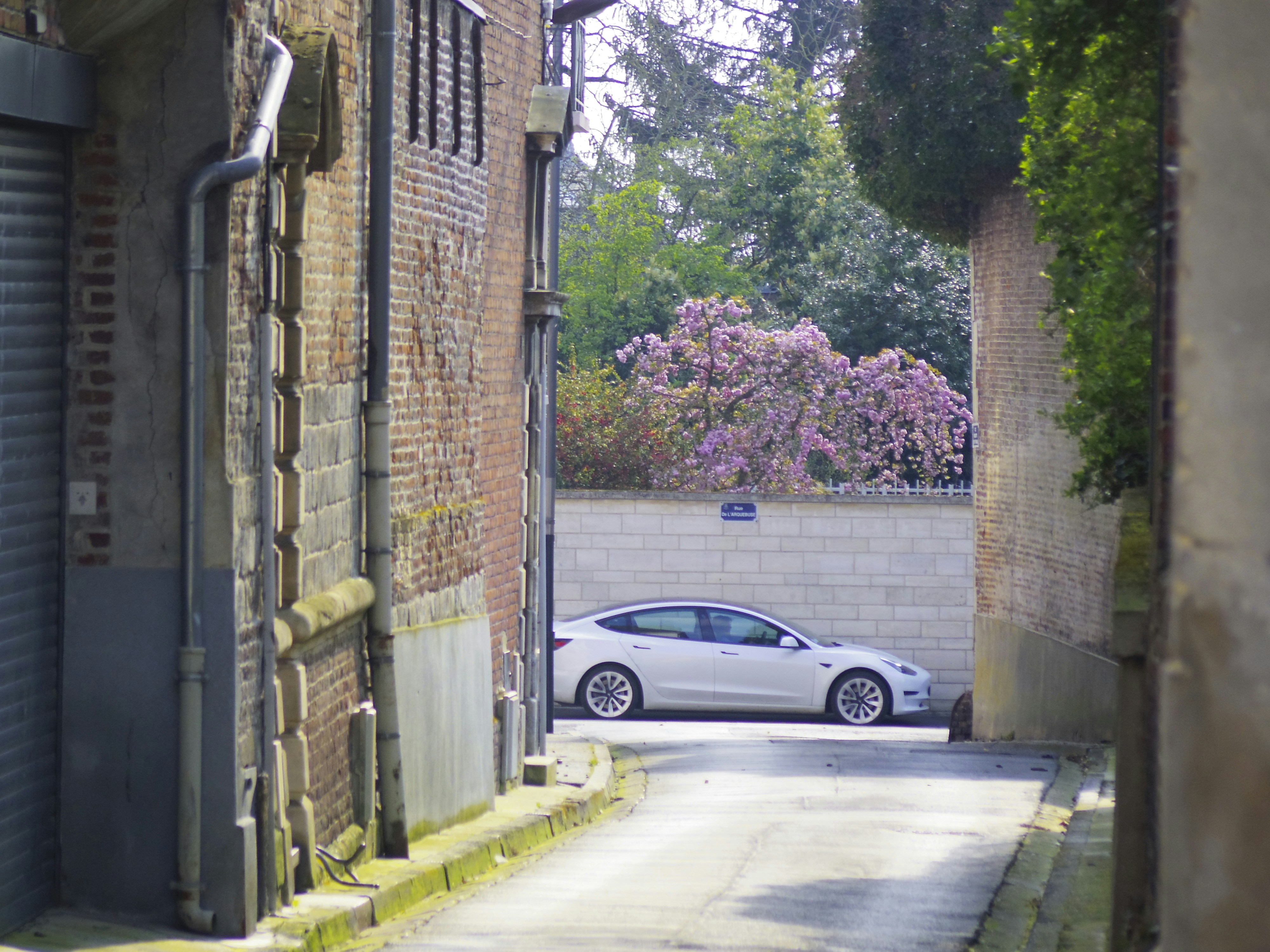 Narrow alleyway opening to a view of a white car parked against a backdrop of blooming trees.