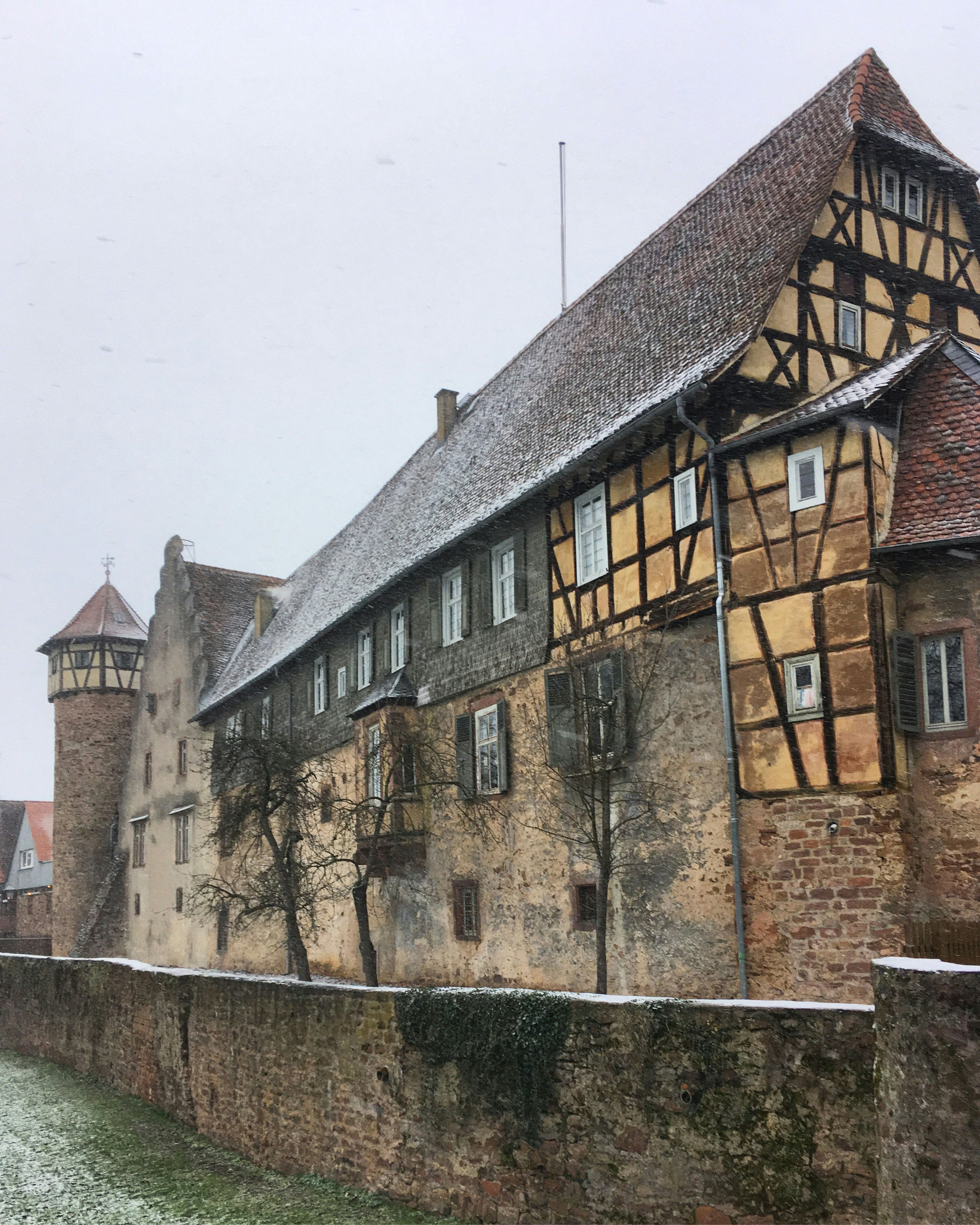 Burg Michelstadt under the falling snow in Michelstadt, Hesse, Germany, December 2017