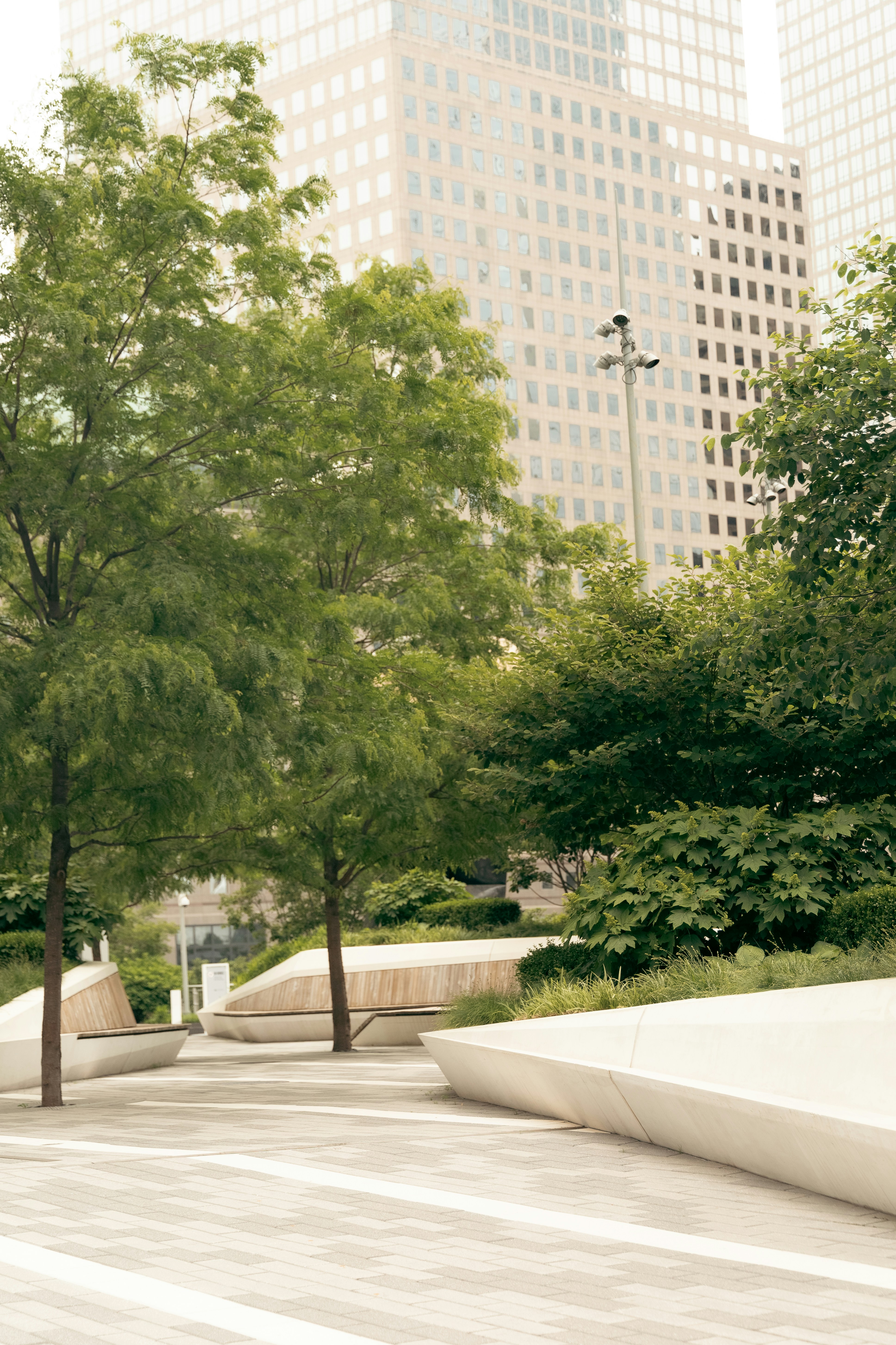 Lush trees and modern seating areas create a serene atmosphere in a city park, contrasting the towering skyscrapers in the background.
