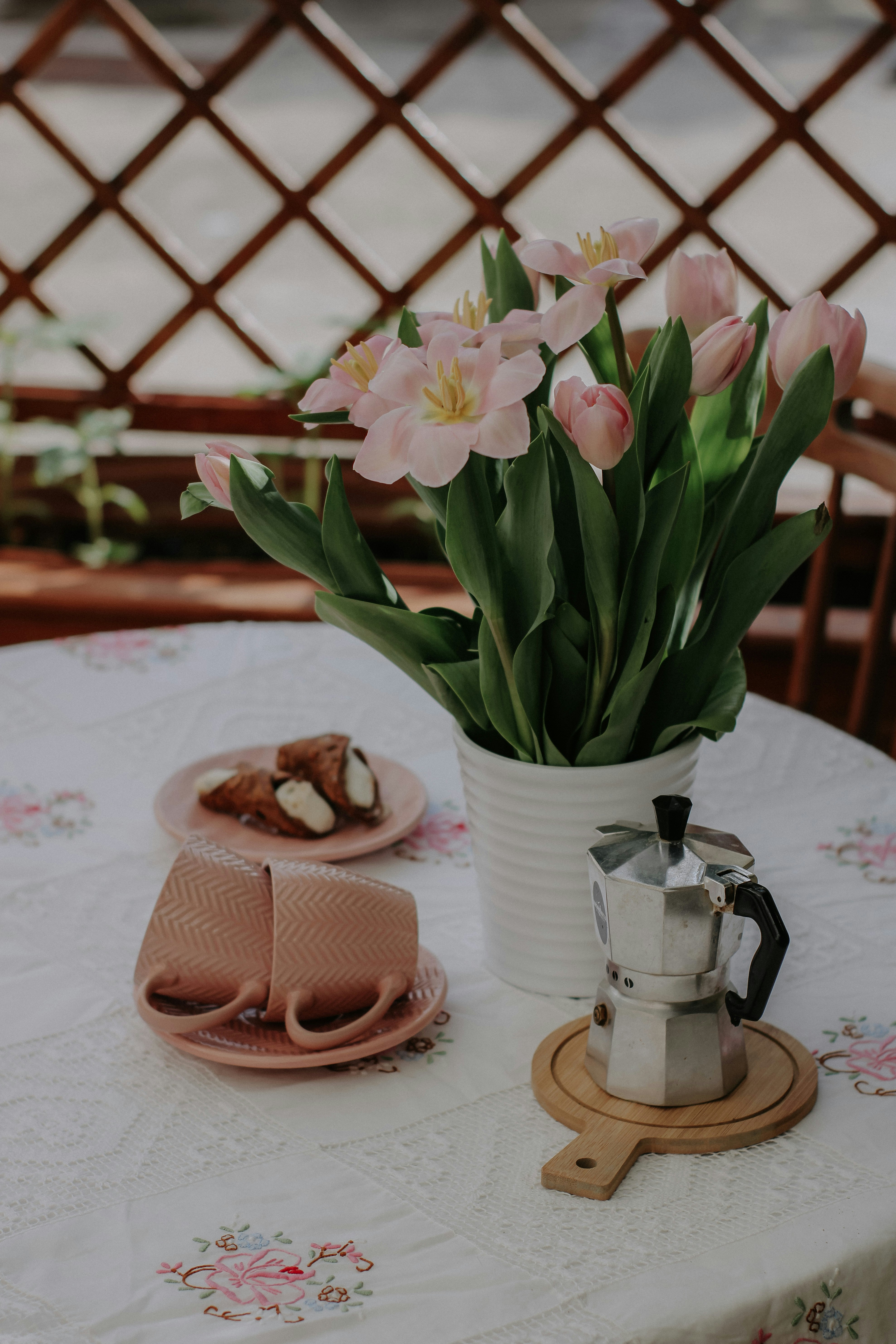 Tulips, Tablecloth, and a Moka Moment: A Quiet Morning Still Life