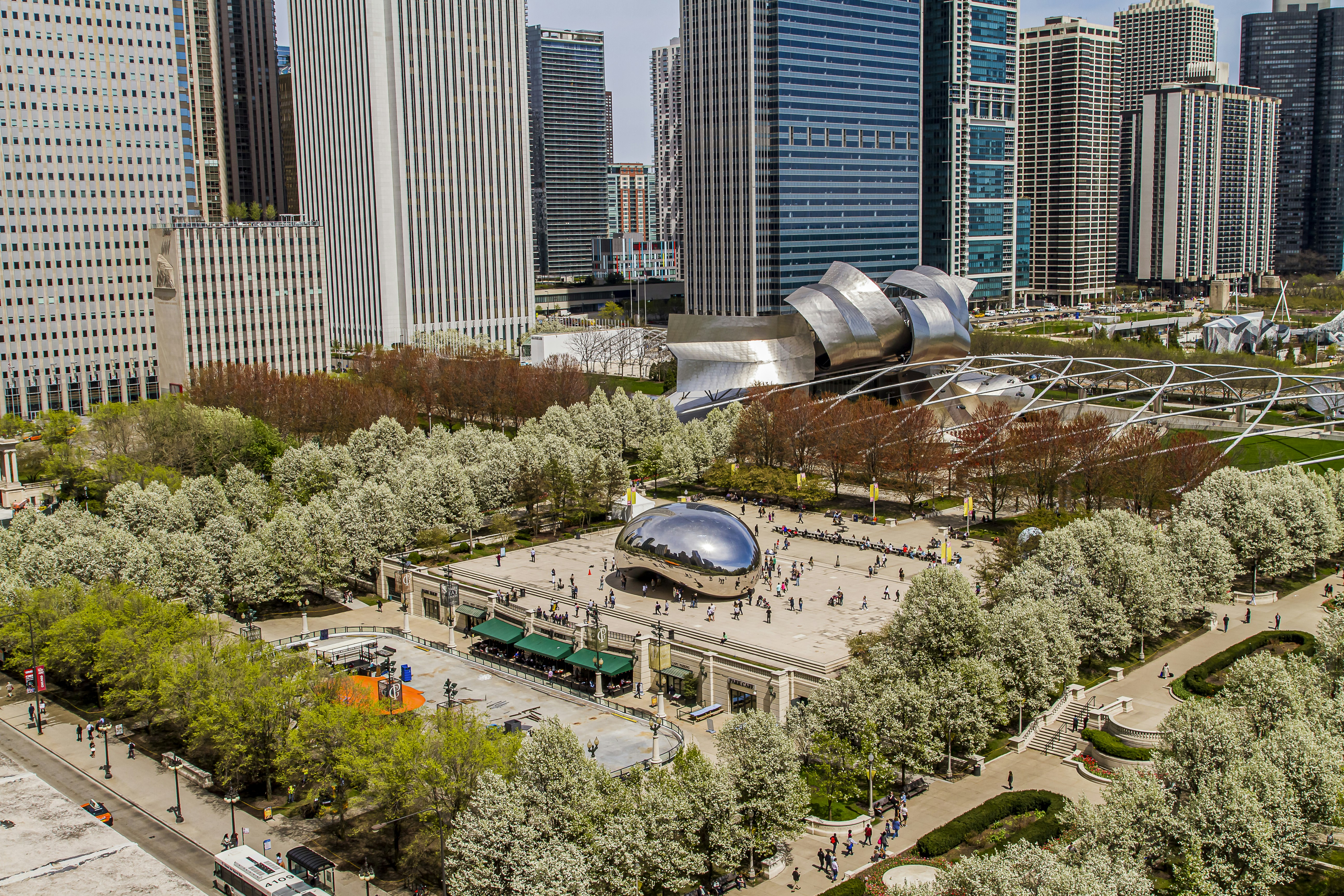 Cloud Gate Reflections Over Millennium Park: Aerial Portrait of Chicago's Skyline