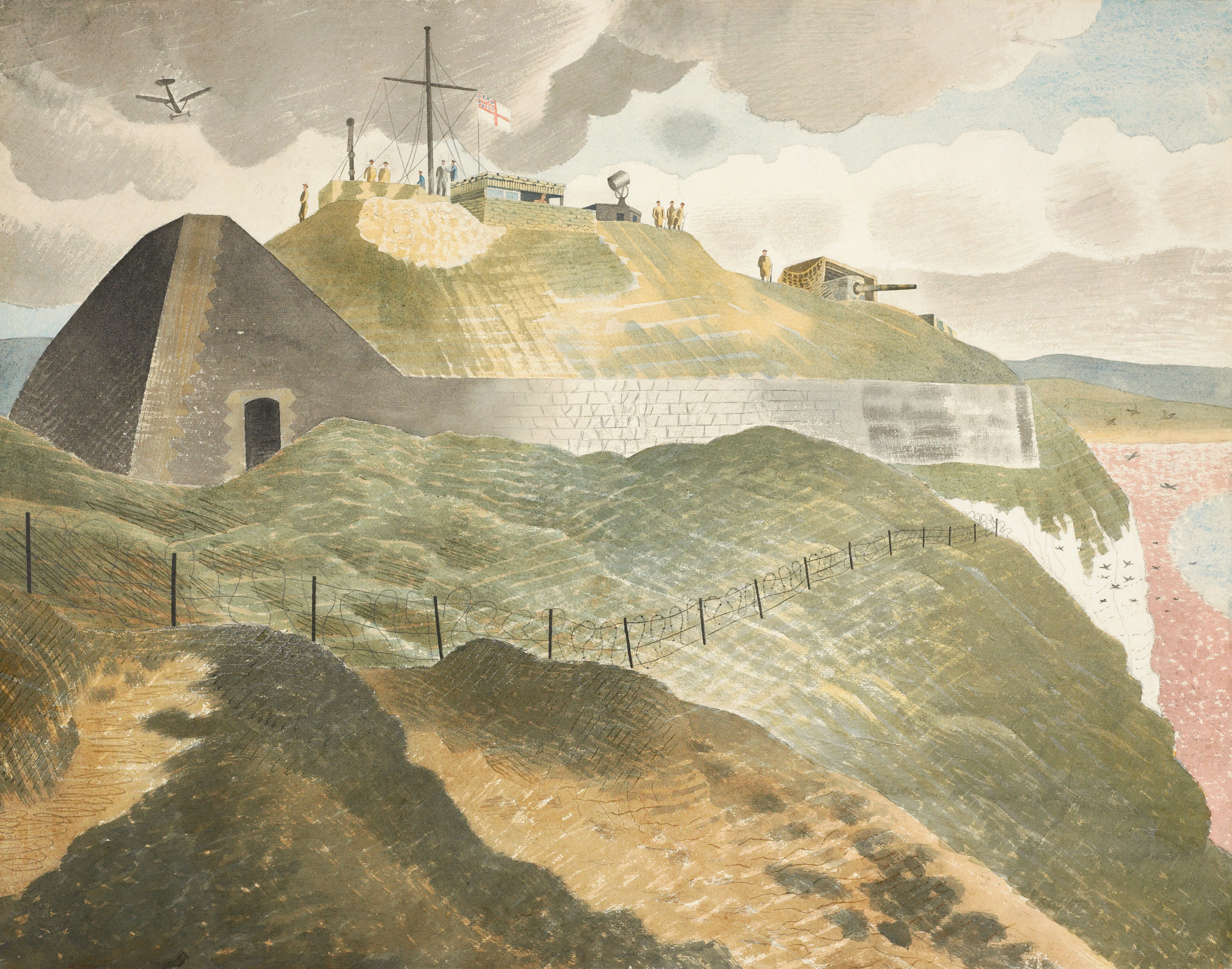 Fortified hill with military structures and aircraft overhead photo ...
