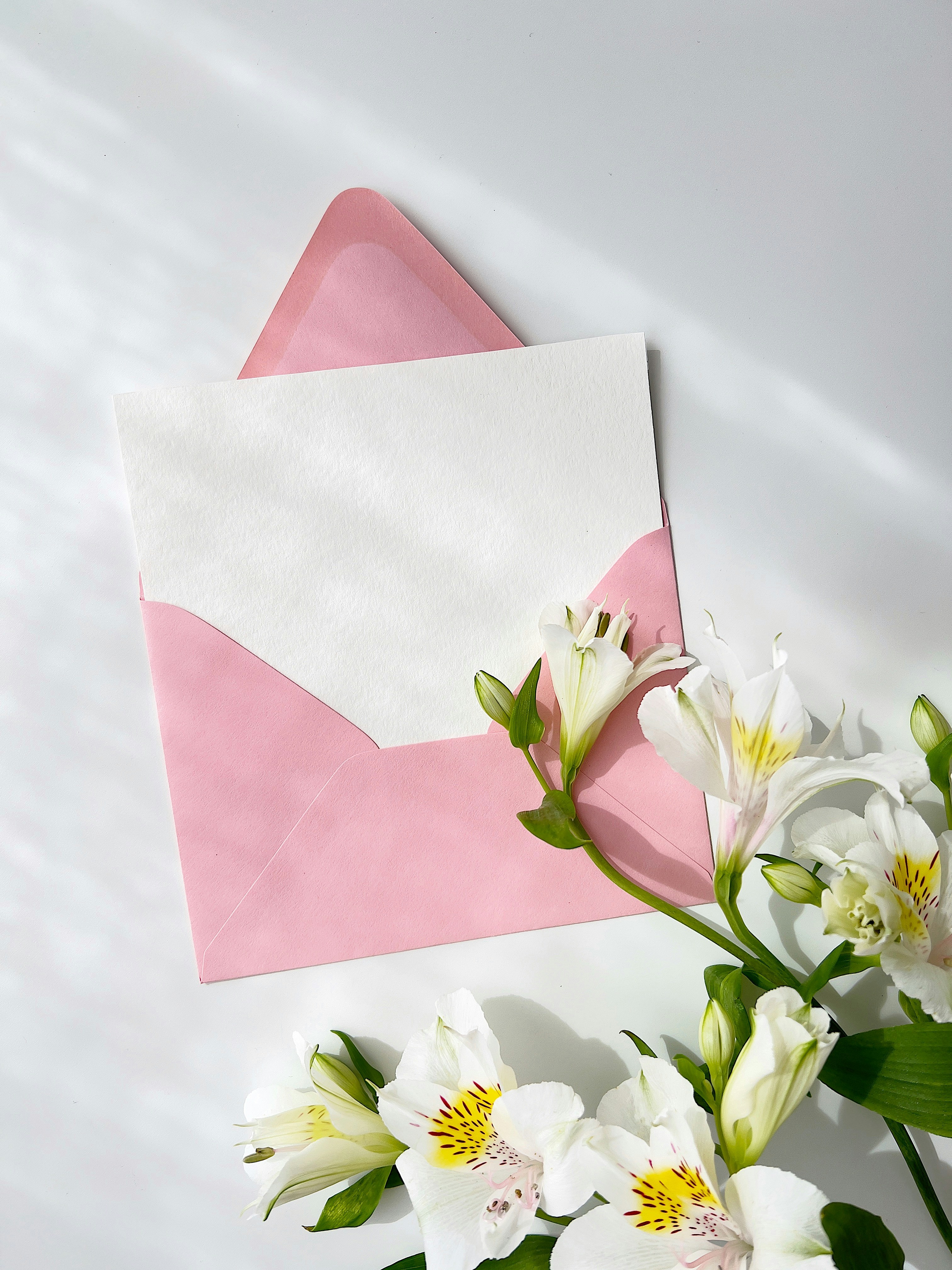 Photograph of a pink envelope with a white card and white blossoms on a pale surface, bathed in soft light.