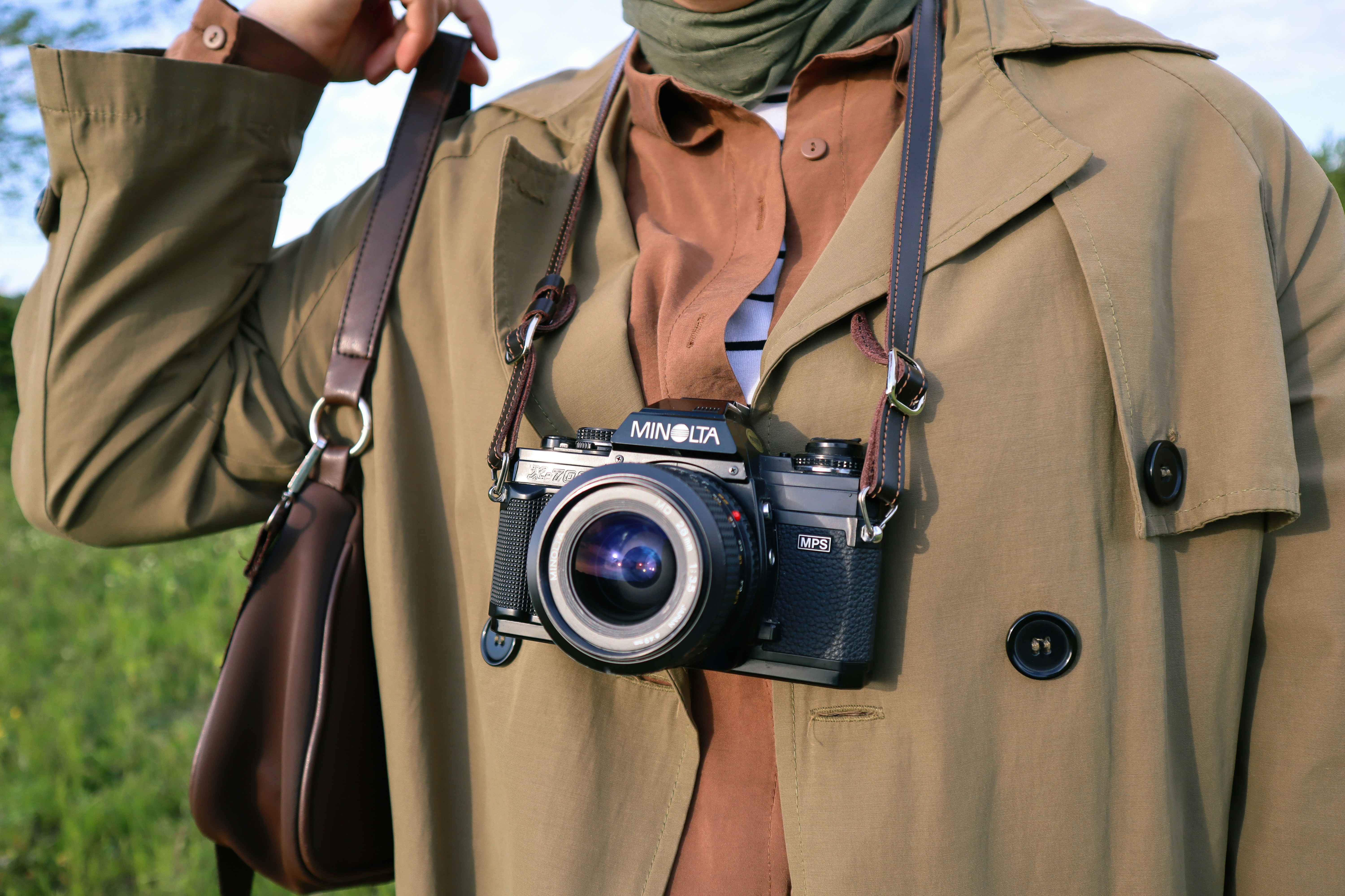 Khaki Trench Spotlight: Minolta Camera at Chest Height
