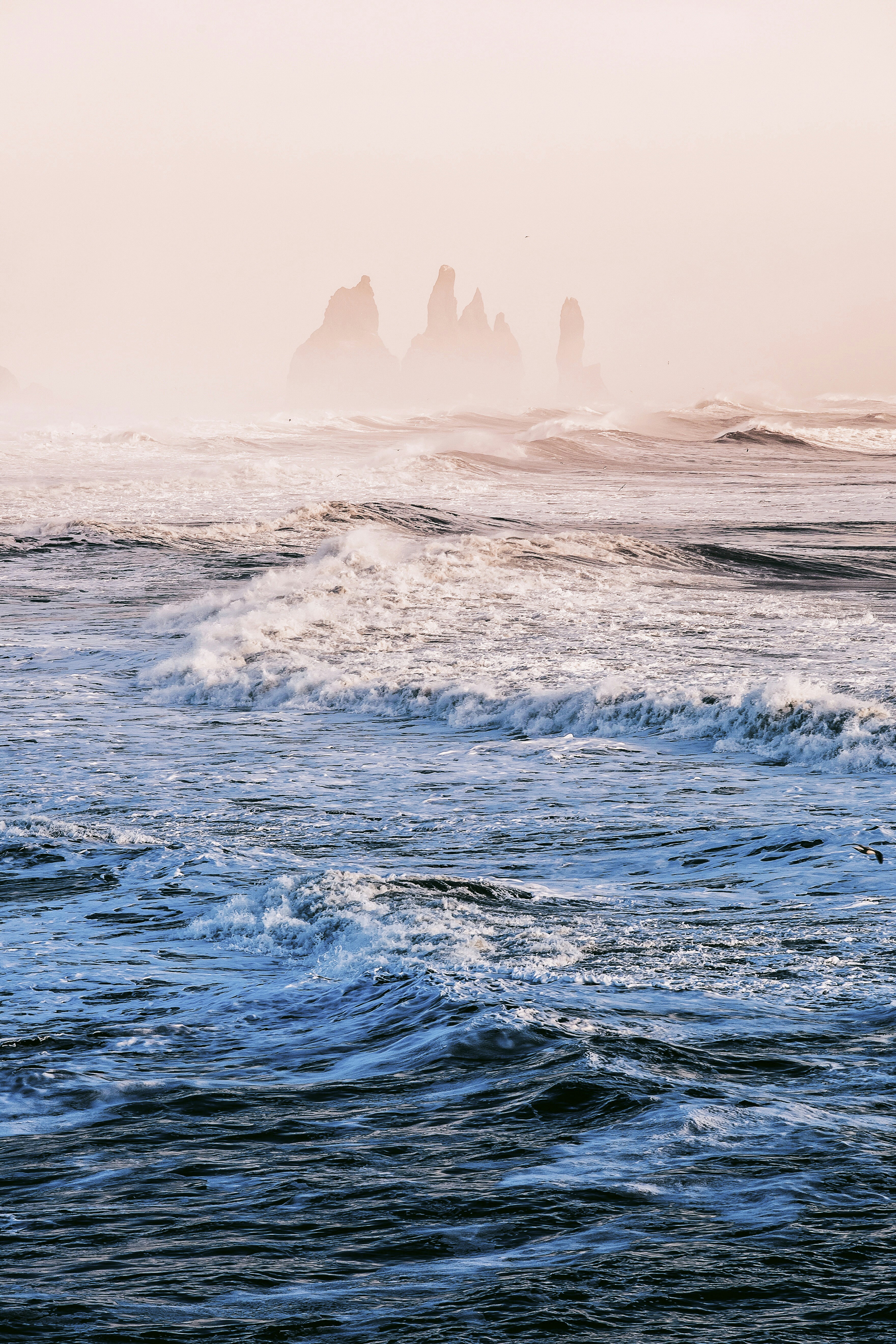 Dawn on the Sea Stacks: Rosy Mist over Rolling Blues