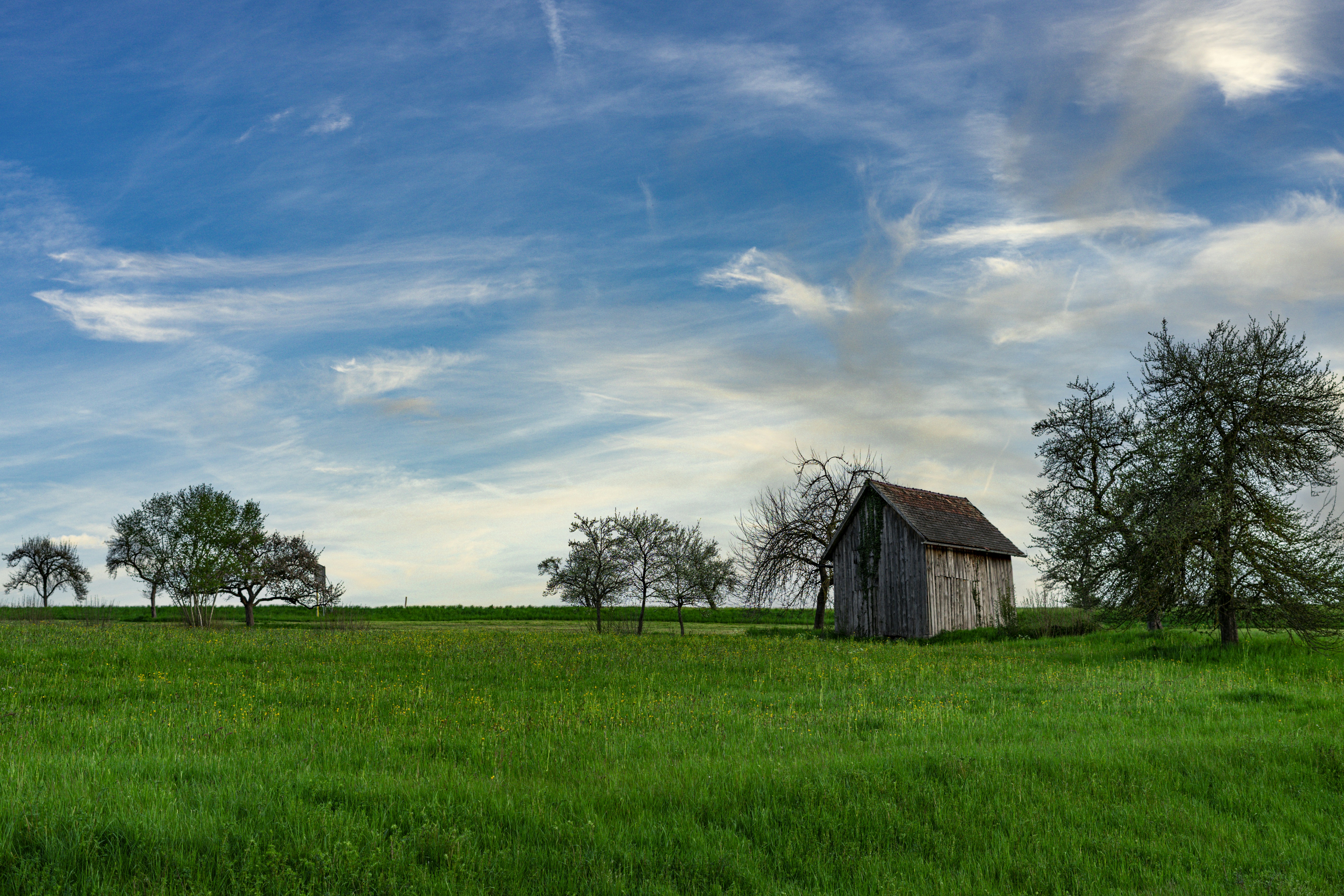 Weathered barn nestled in a lush green field under a blue sky with wispy clouds. The scene evokes a sense of tranquility and nostalgia.