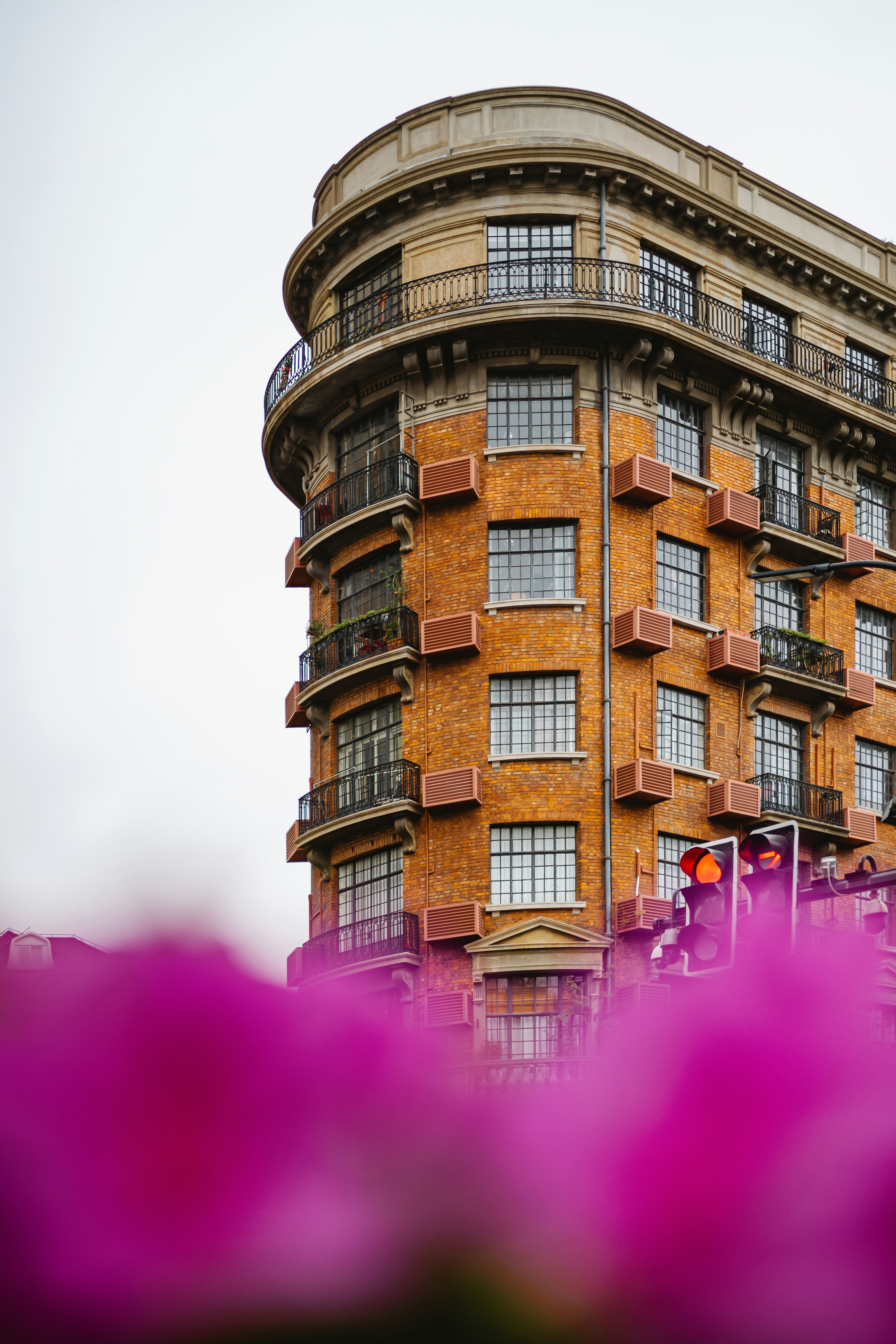Curved Facade, City Bloom: a brick tower framed by foreground magenta blooms