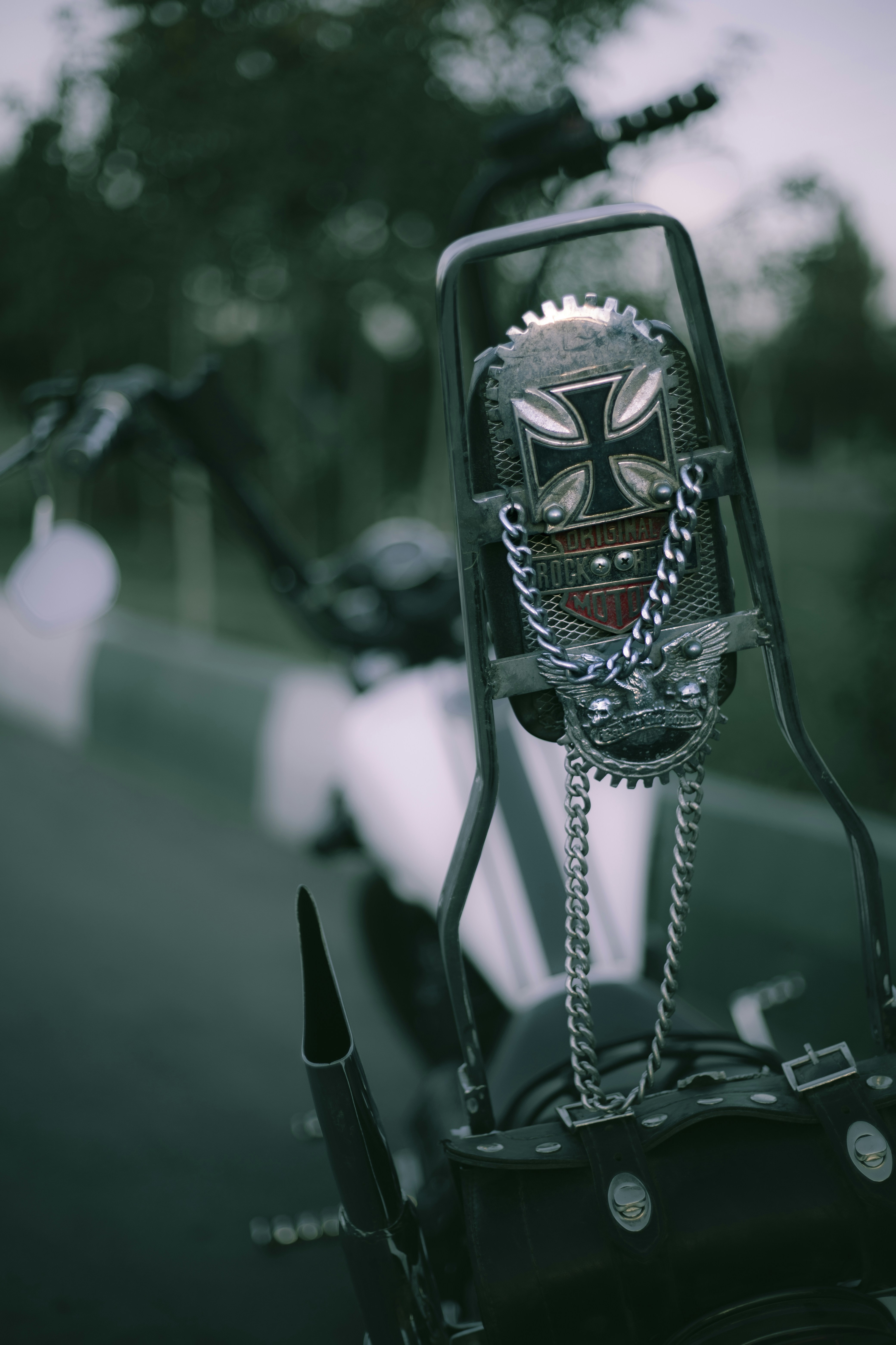 Motorcycle Emblem in Focus: A Close-Up of Chrome and Chains