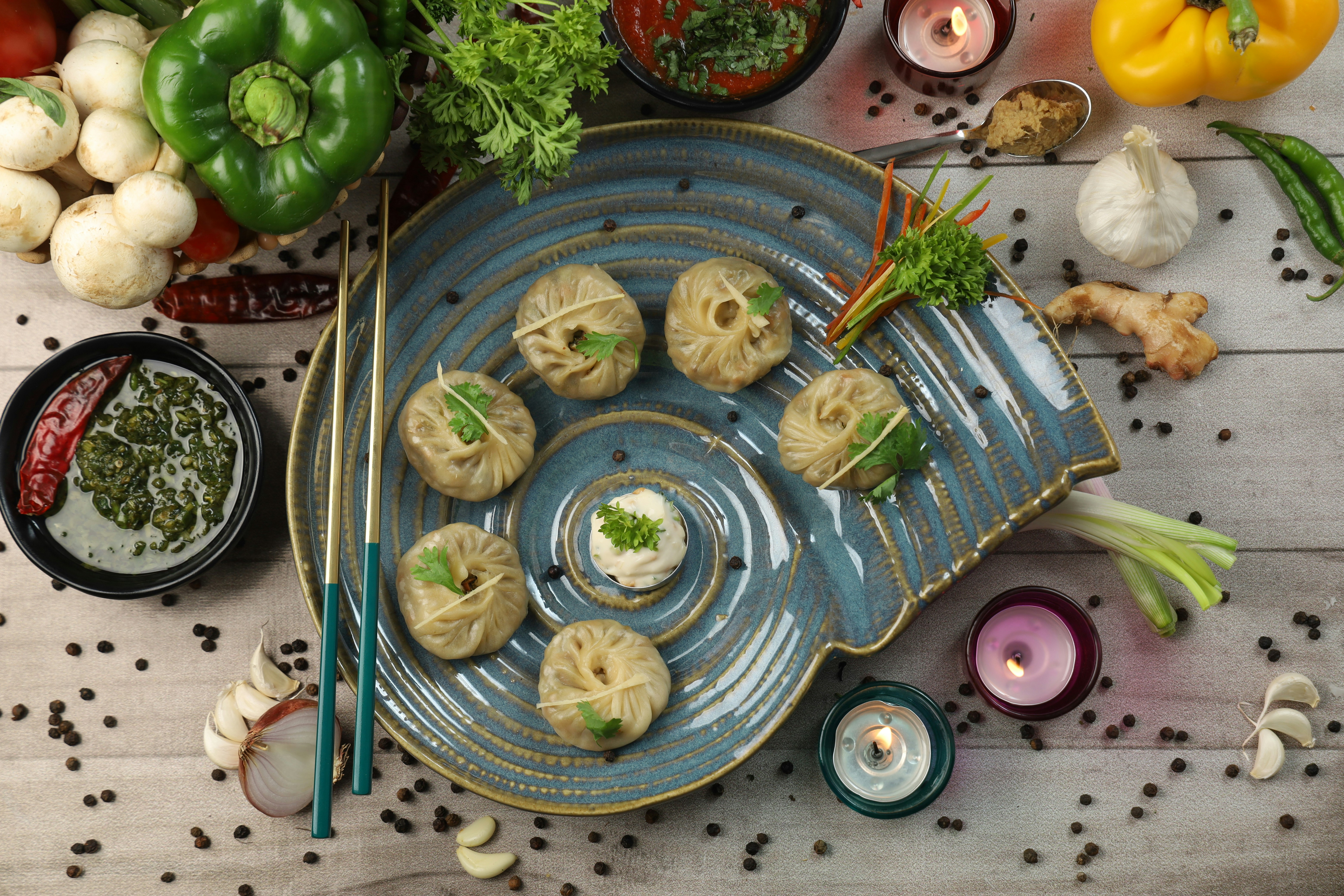 Six Steamed Dumplings on a Blue Ceramic Plate: a Rustic Pantry Still-Life