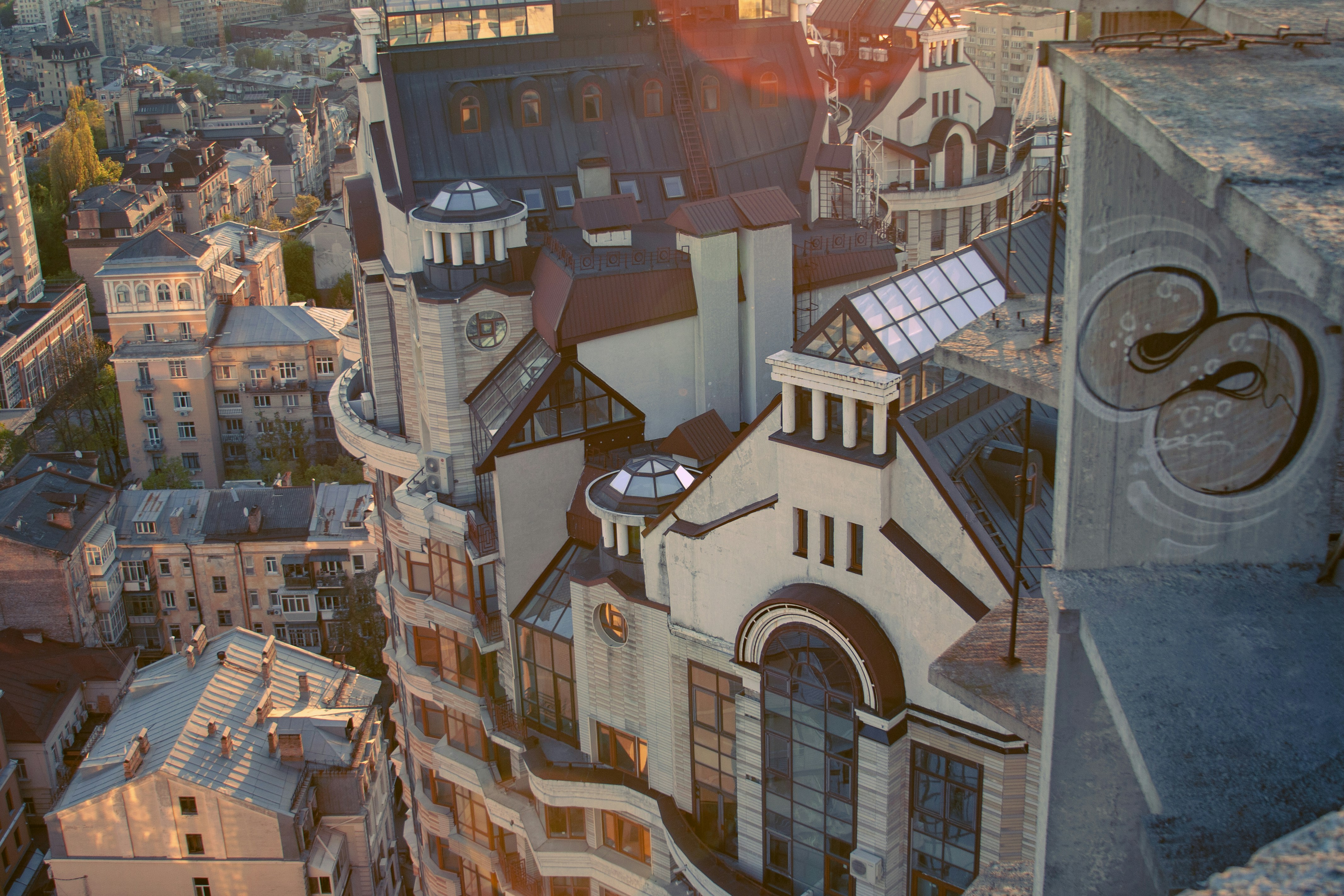 An aerial view of a city with a clock tower photo – Free Kyiv Image on ...