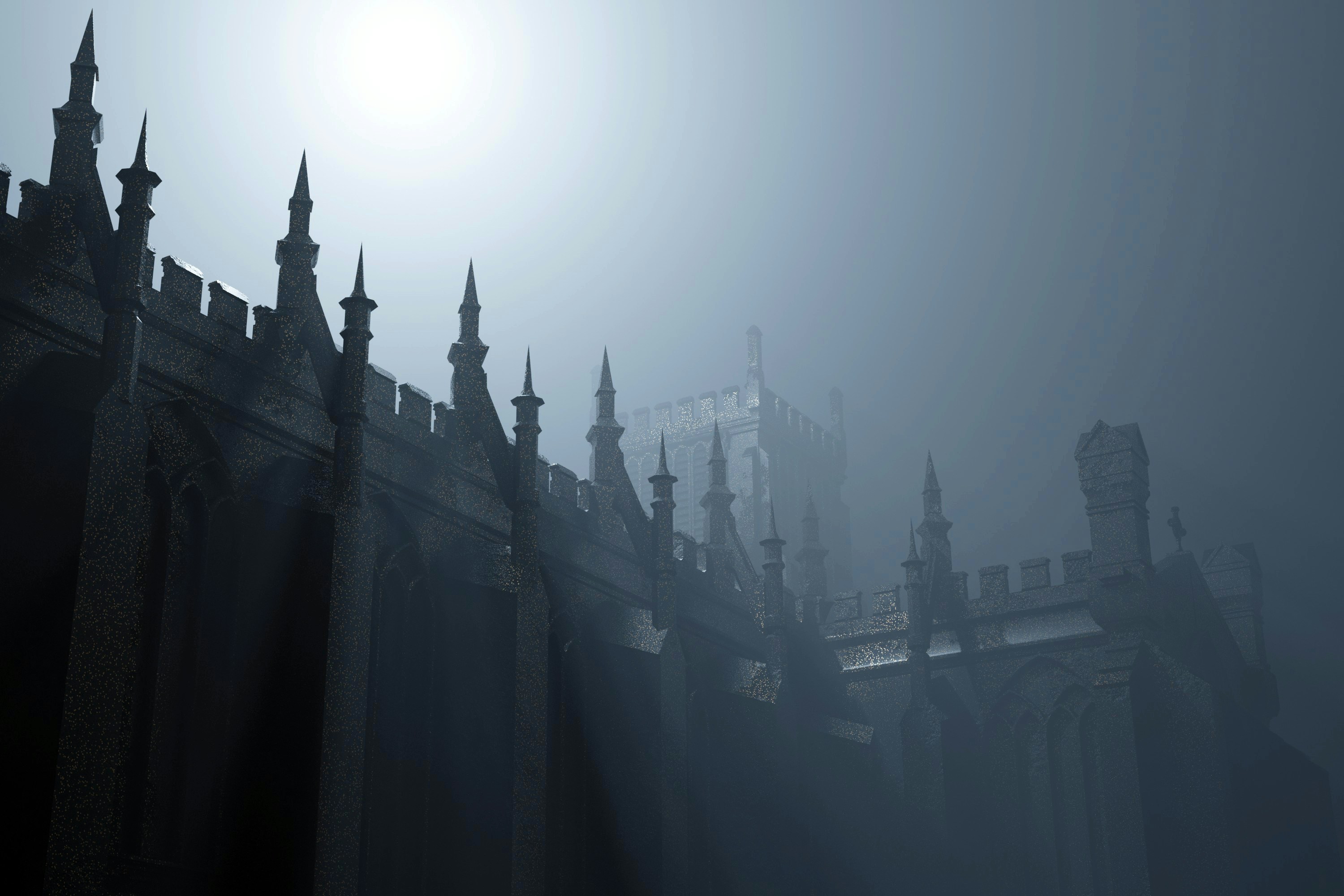 A foggy castle with a clock tower in the distance photo – Free 3d ...