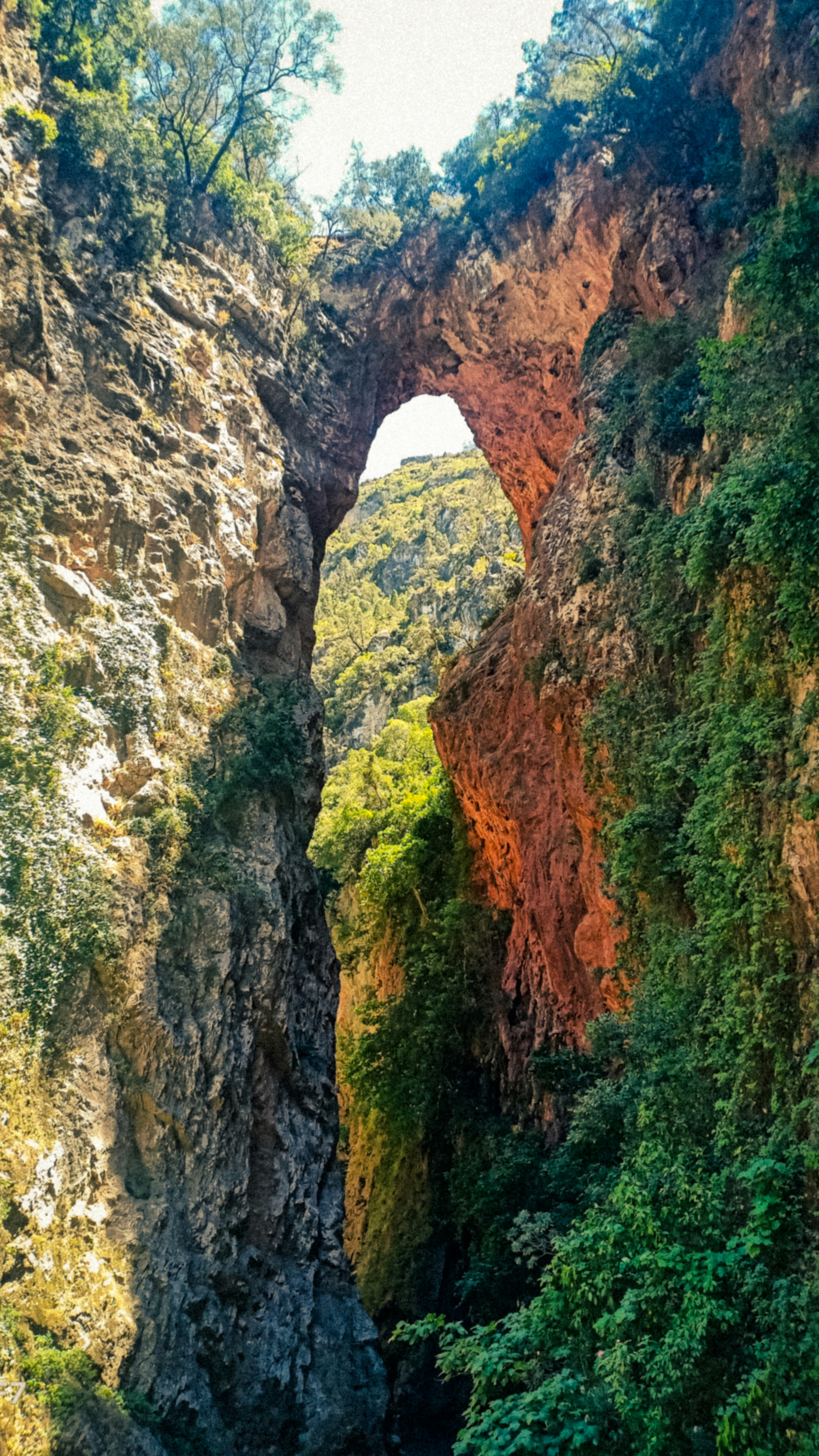 Sunlit limestone arch frames a narrow canyon with rugged rock walls and lush greenery. The composition emphasizes depth and natural color contrast against the bright opening.