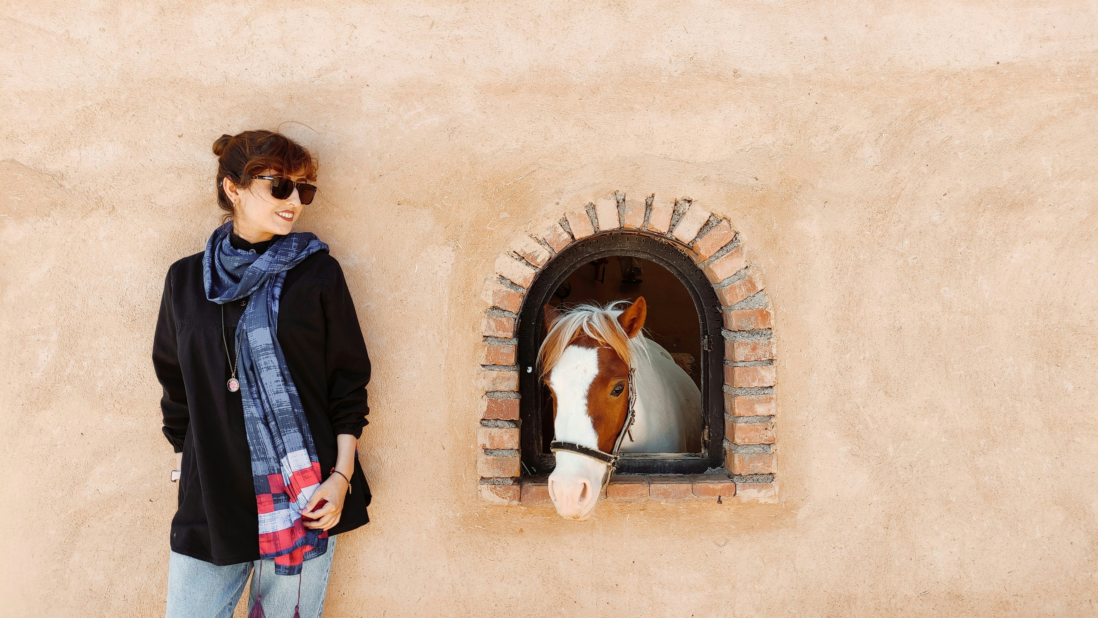 A woman stands beside a horse peeking from a brick-arched window in a sunlit stucco wall.