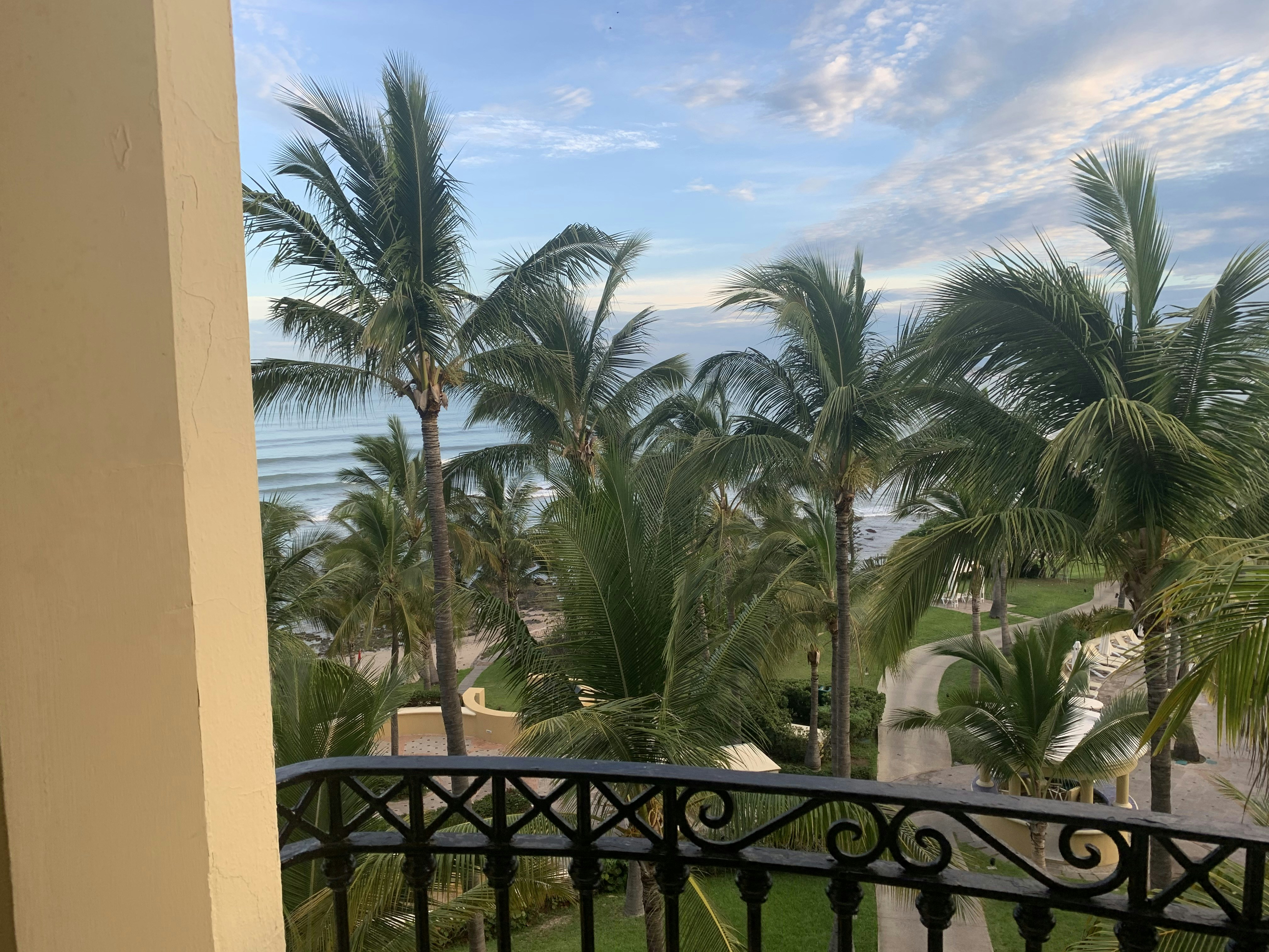 View from a balcony overlooking palm trees and the ocean under a partly cloudy sky.