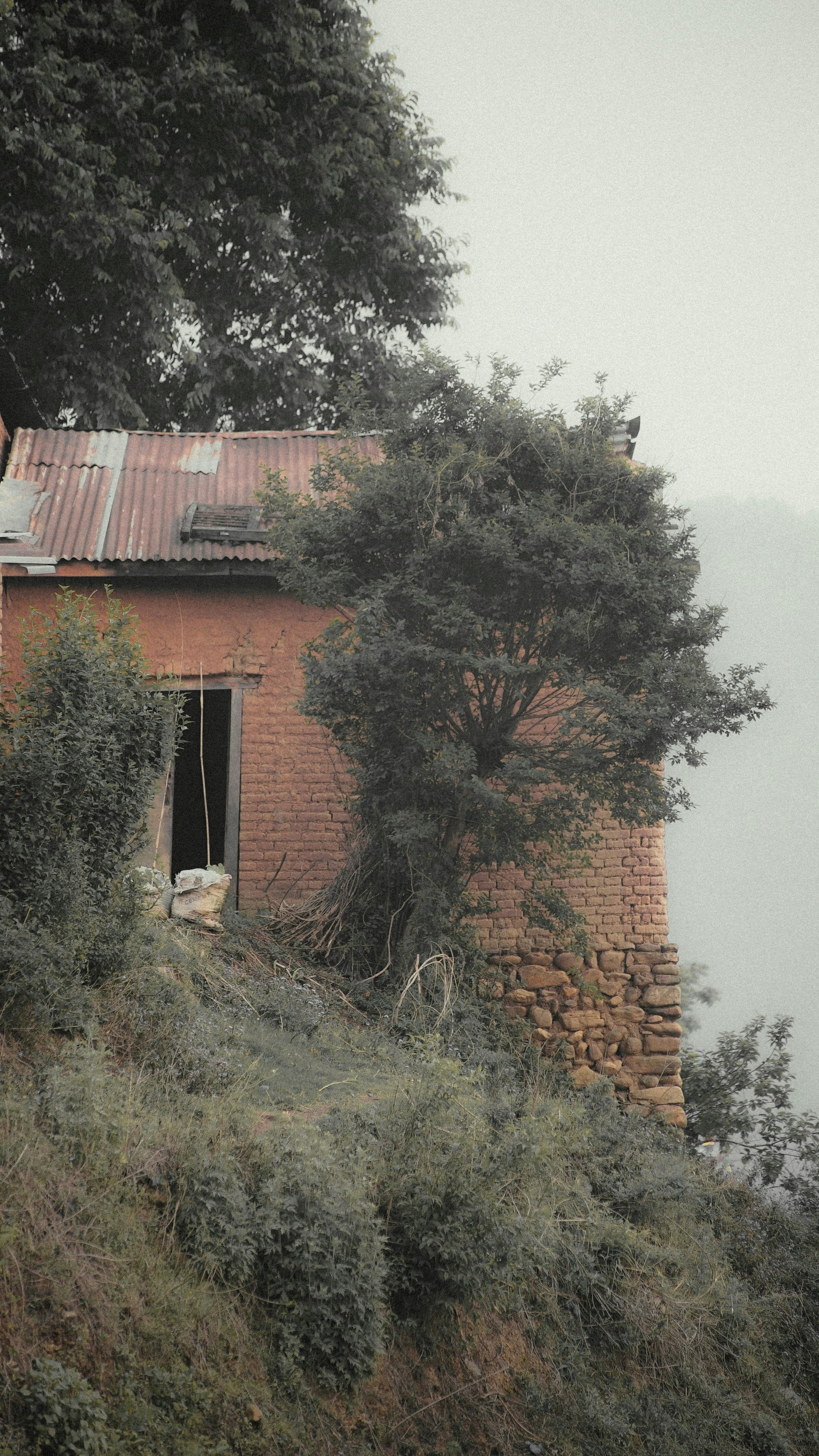 Mist-Locked Brick Shelter on a Hillside Ridgeline
