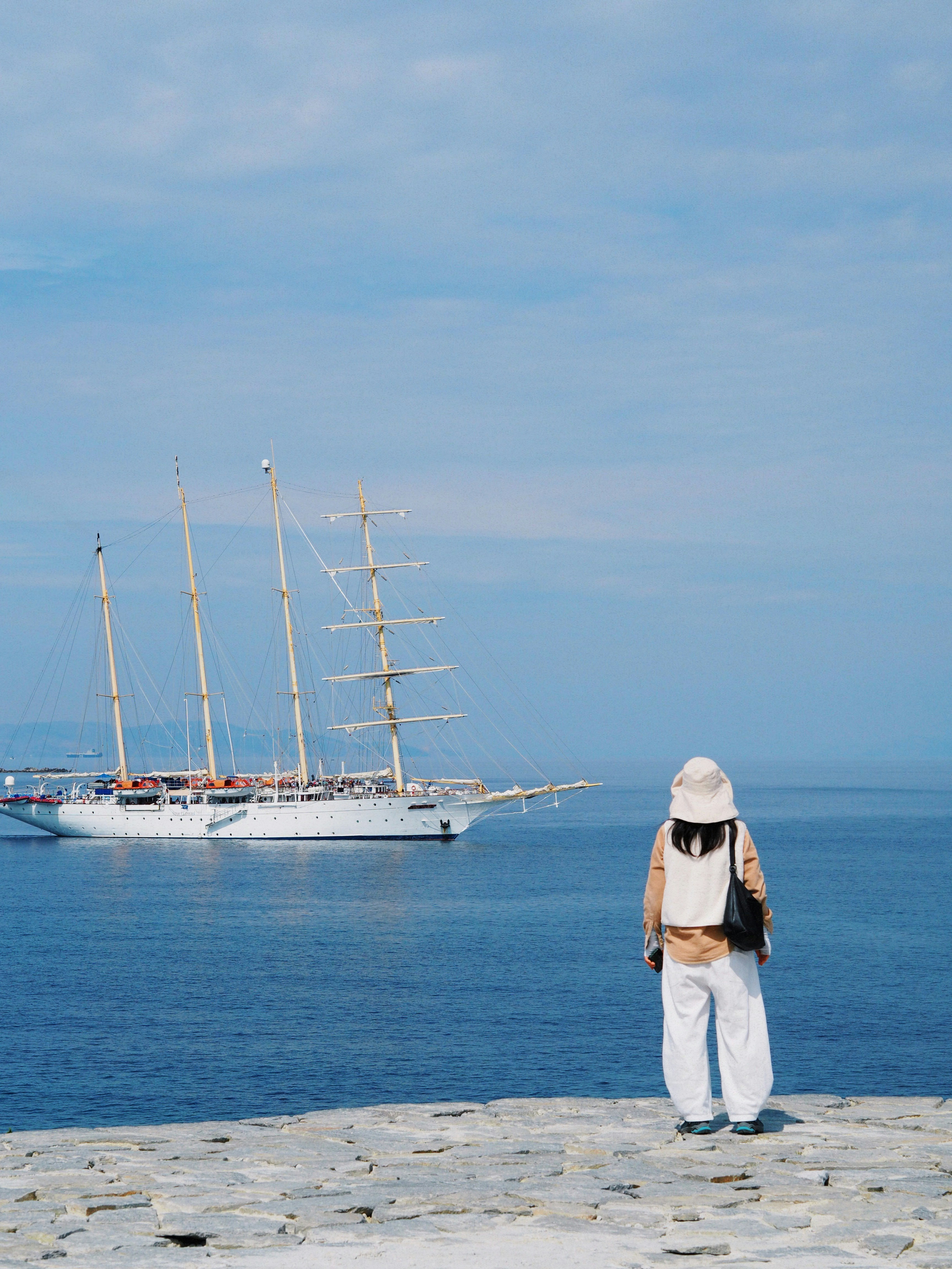 Harbor Gaze: A lone observer faces a towering four-masted ship