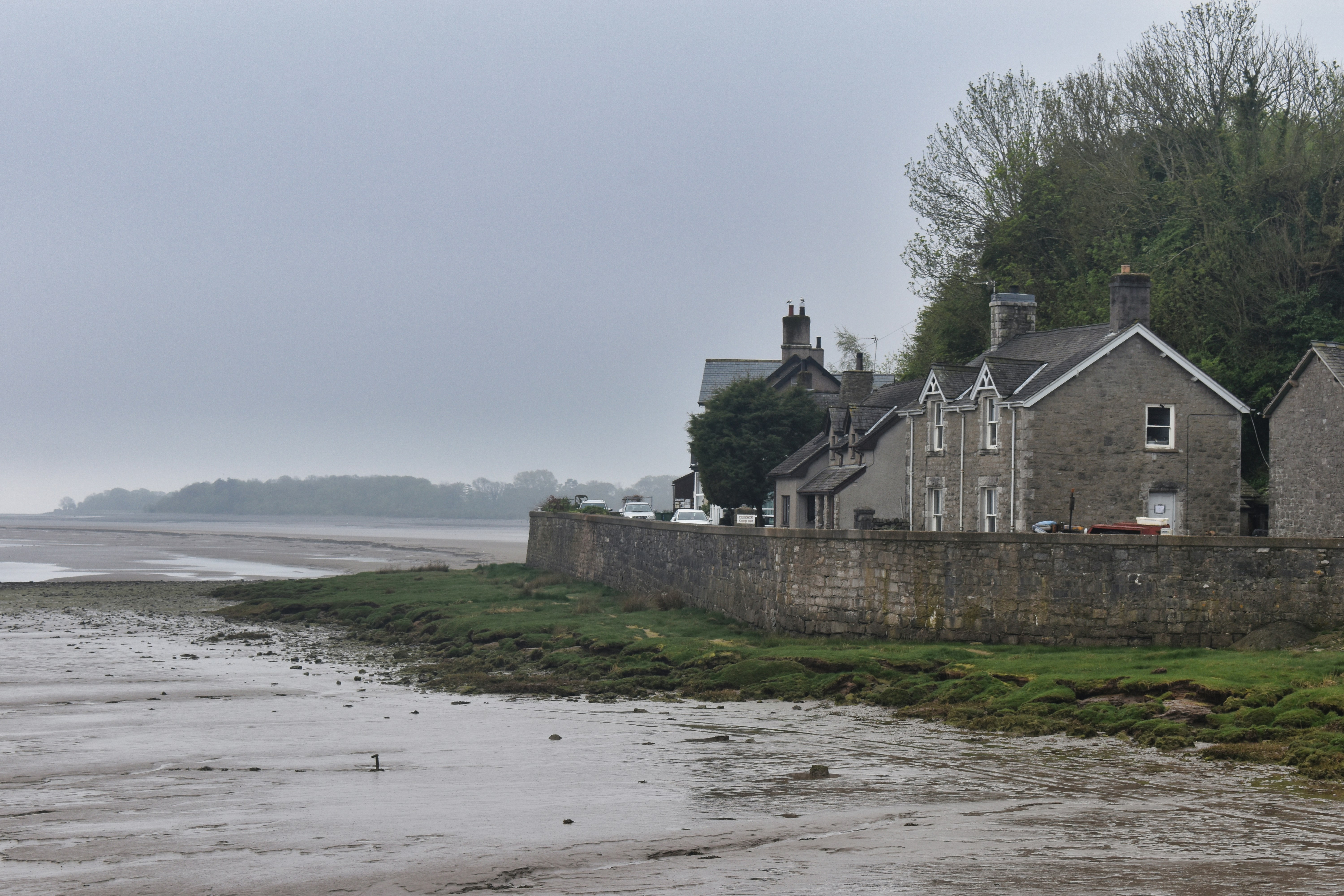 Mist over the Sea Wall: Stone Village on a Quiet Estuary