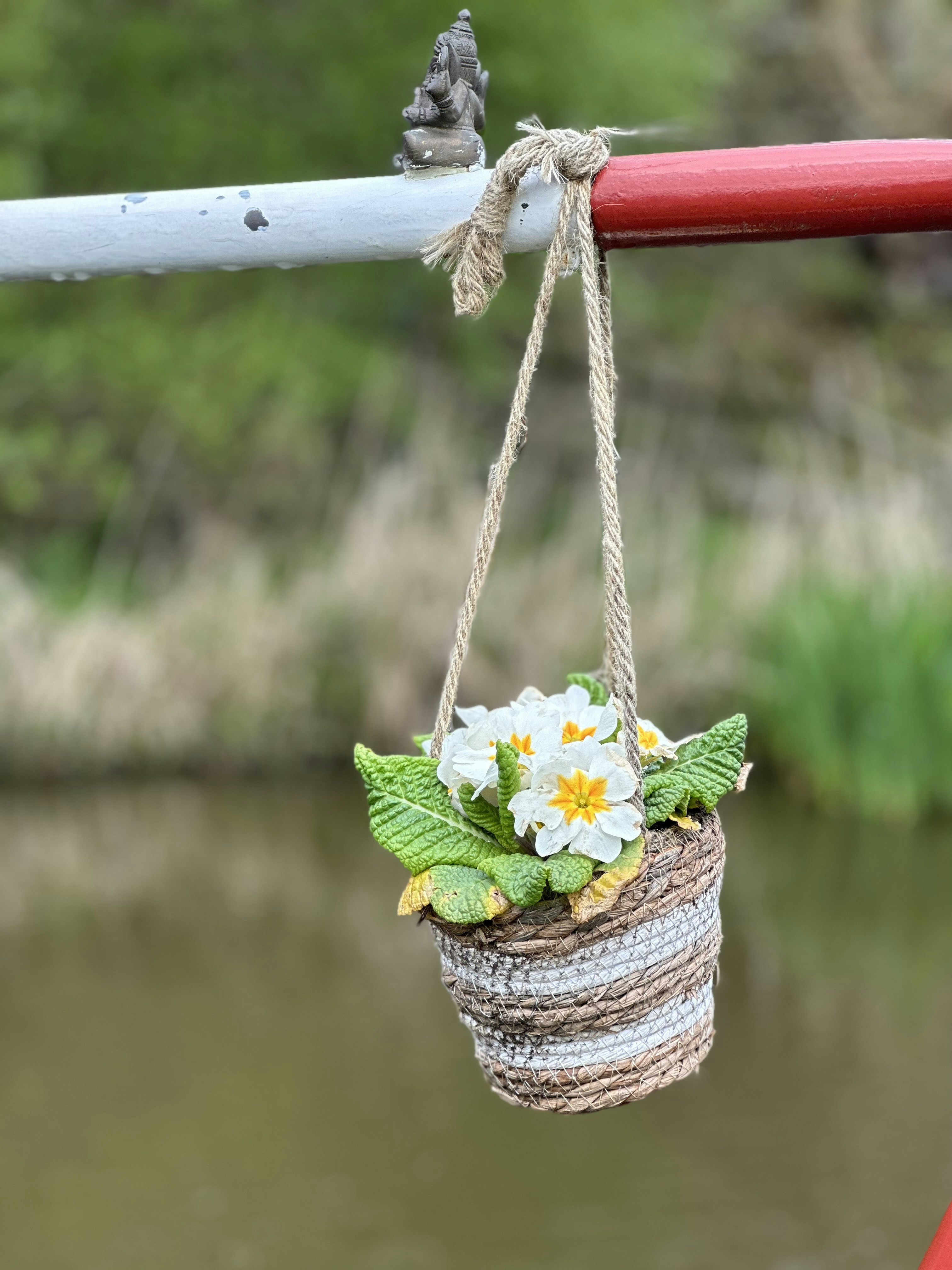 Rope-Hung Blossom Basket Over a Quiet Pond