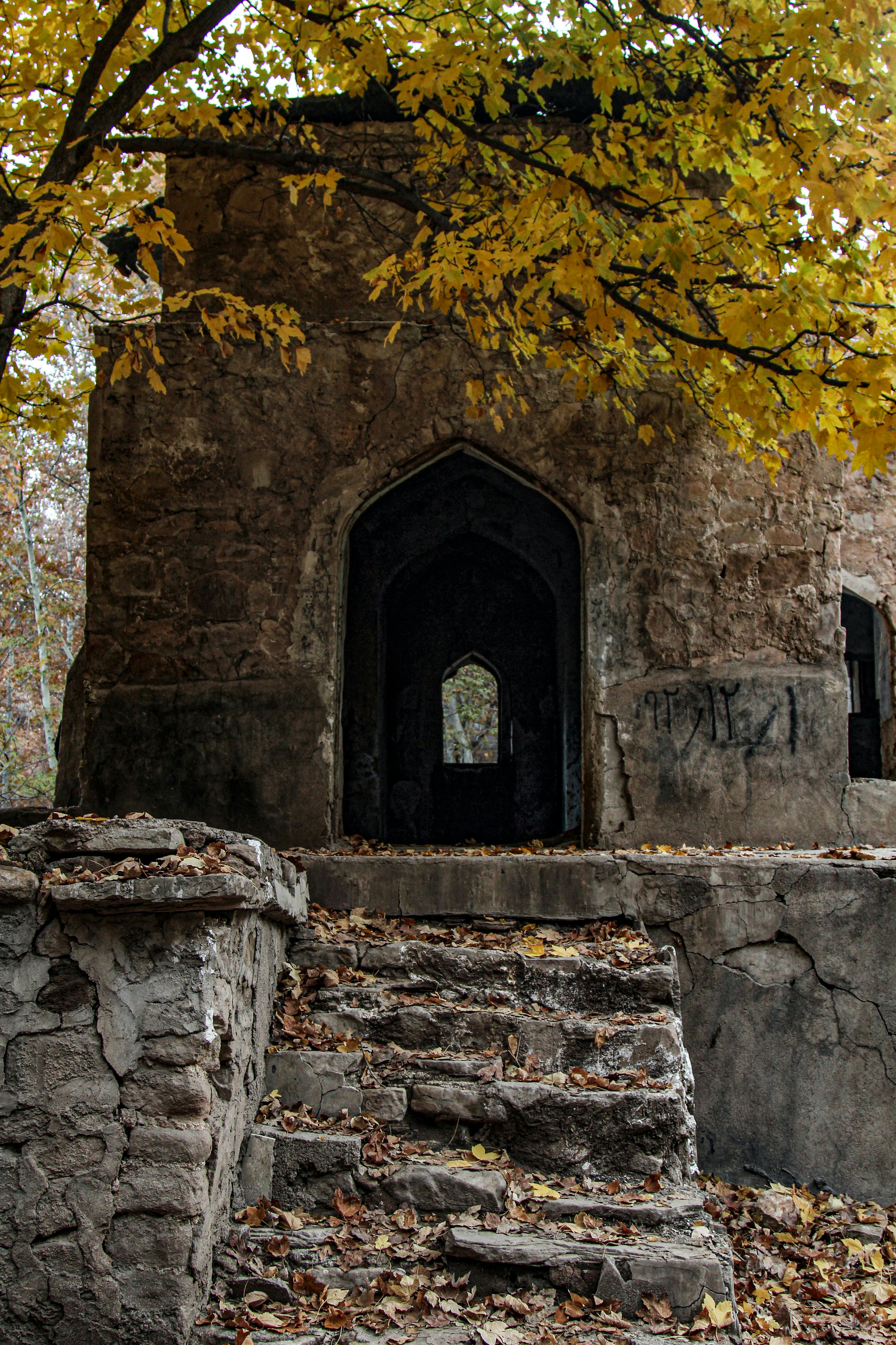 Gateway of Echoes: Autumn Light Framing a Crumbling Archway