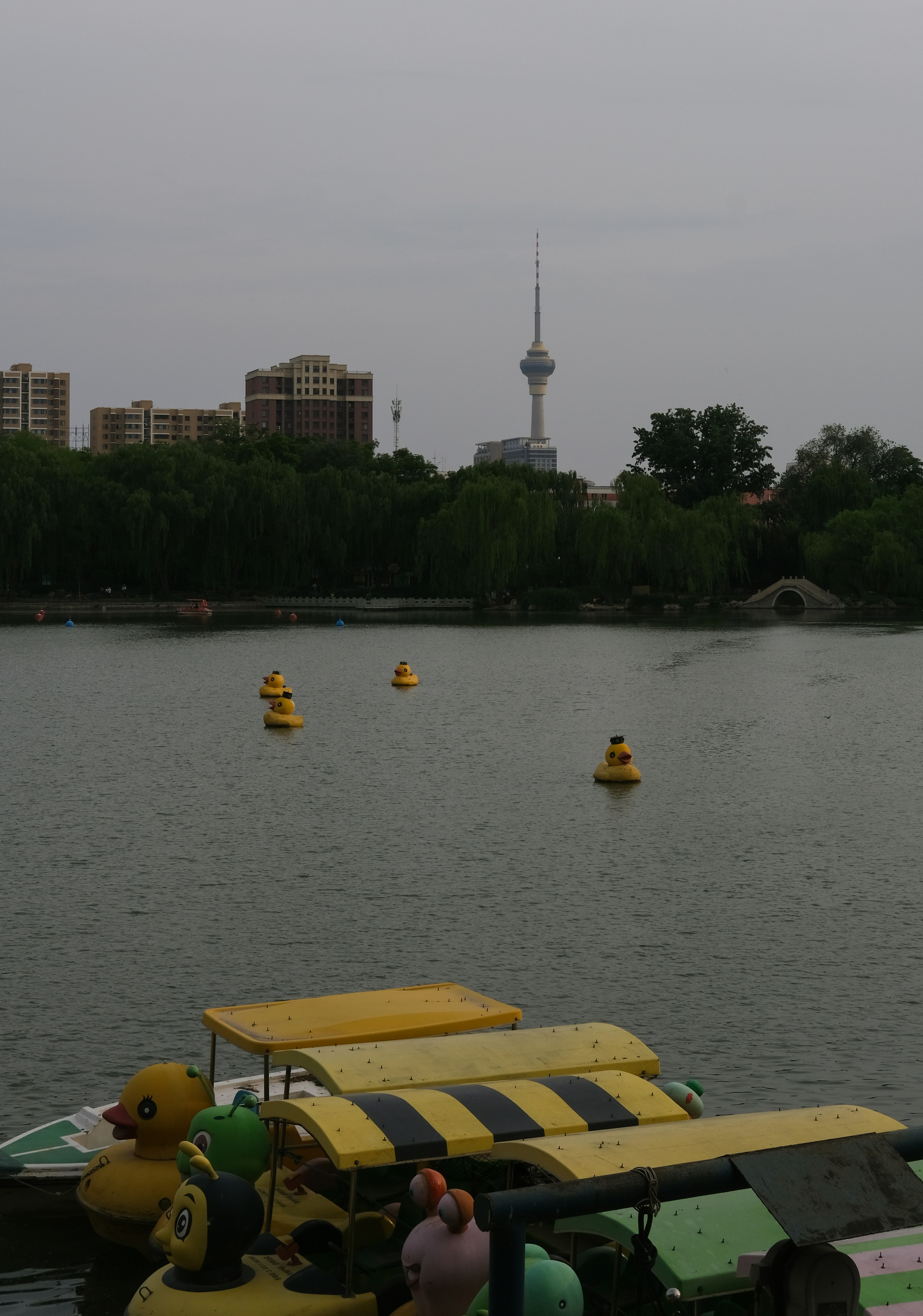 Yellow Paddle Boats Drift Along a Serene Riverside with Beijing TV Tower in the Distance