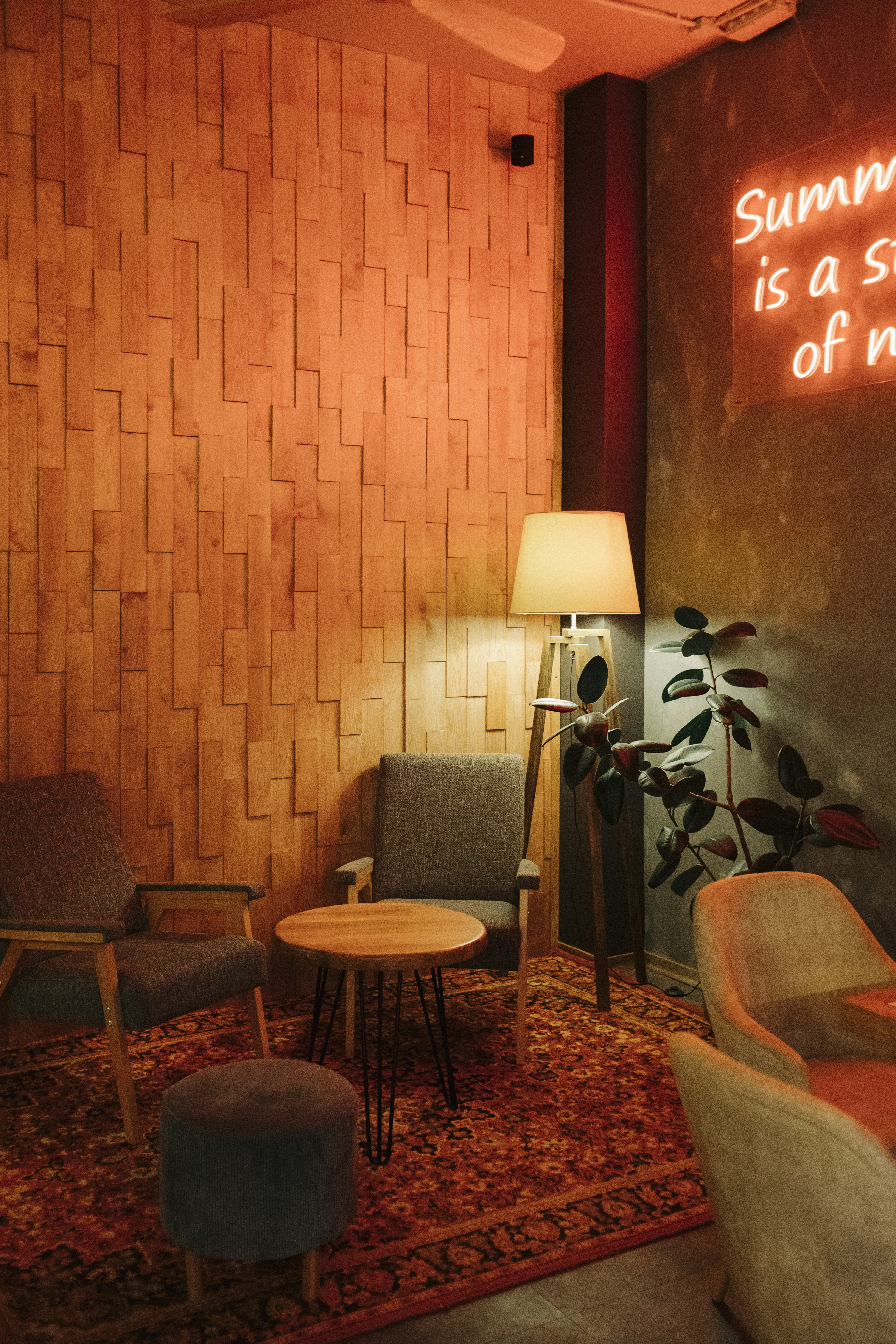 Neon Ember in a Timber-Lined Lounge
