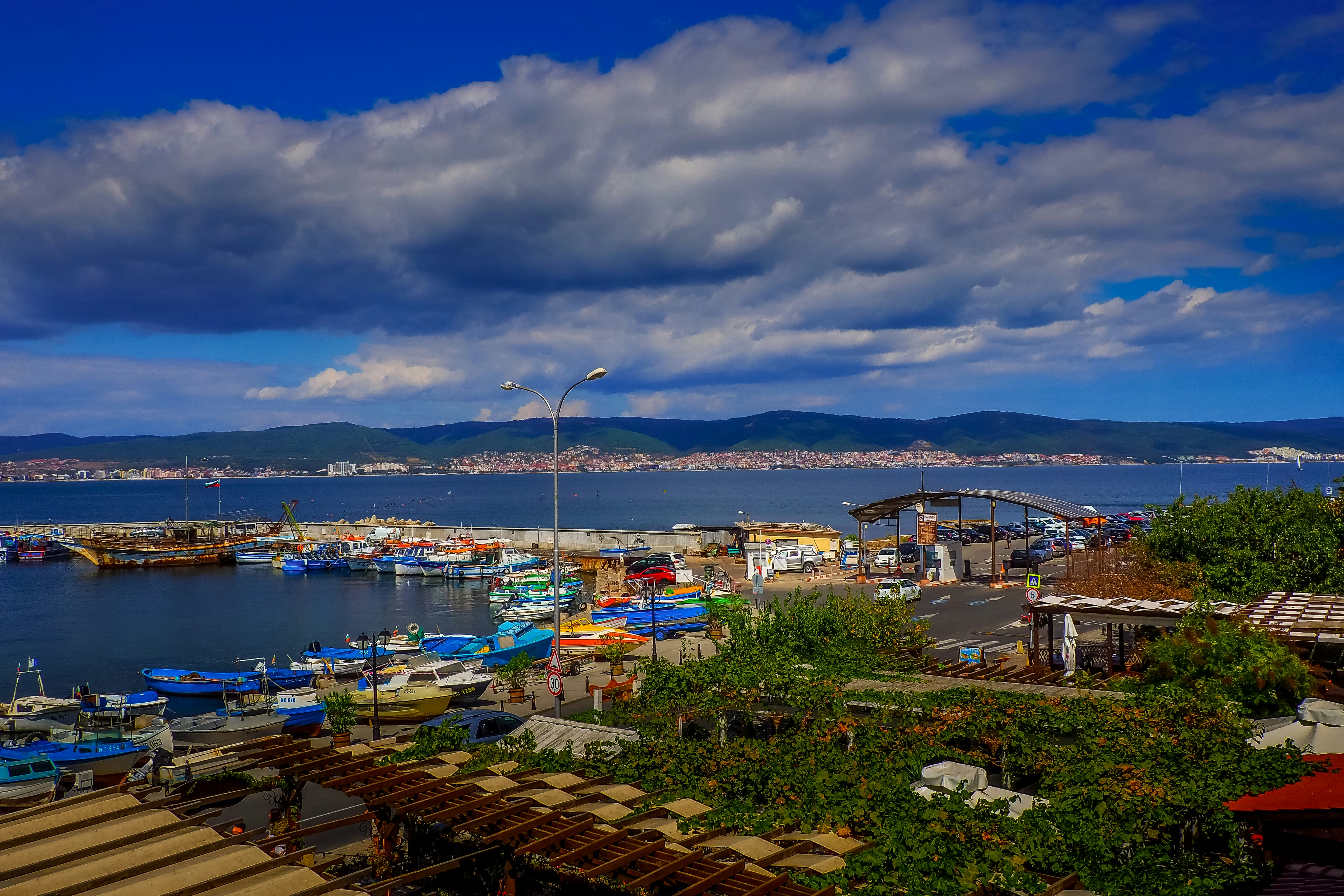 Vibrant fishing boats dot the harbor under a dramatic sky, showcasing the tranquil yet bustling essence of coastal life. Lush greenery frames the scene, hinting at the harmony between nature and maritime activity.