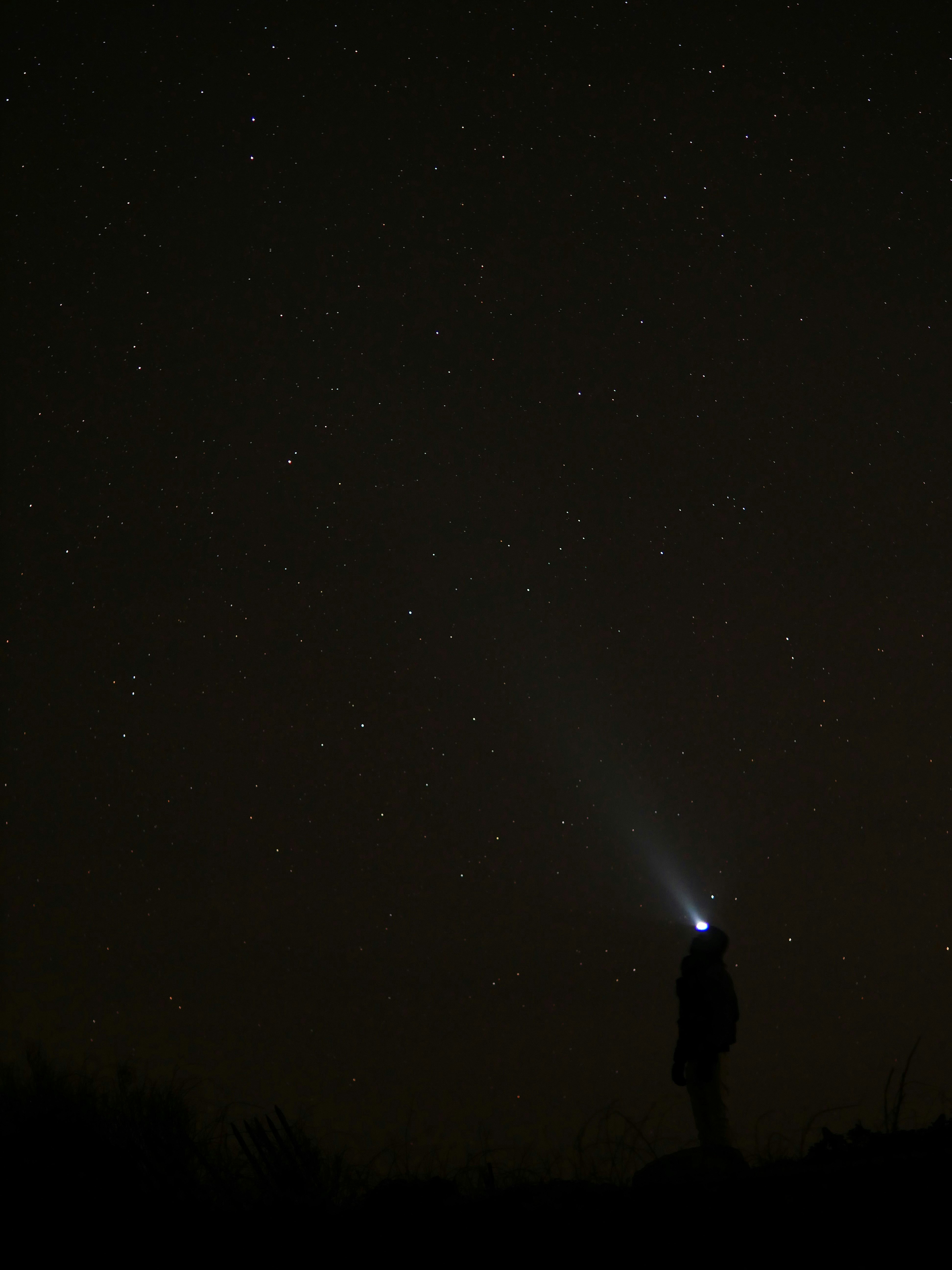 Silhouetted figure on a ridge casts a bright beam toward a star-filled sky in a stark night photograph.