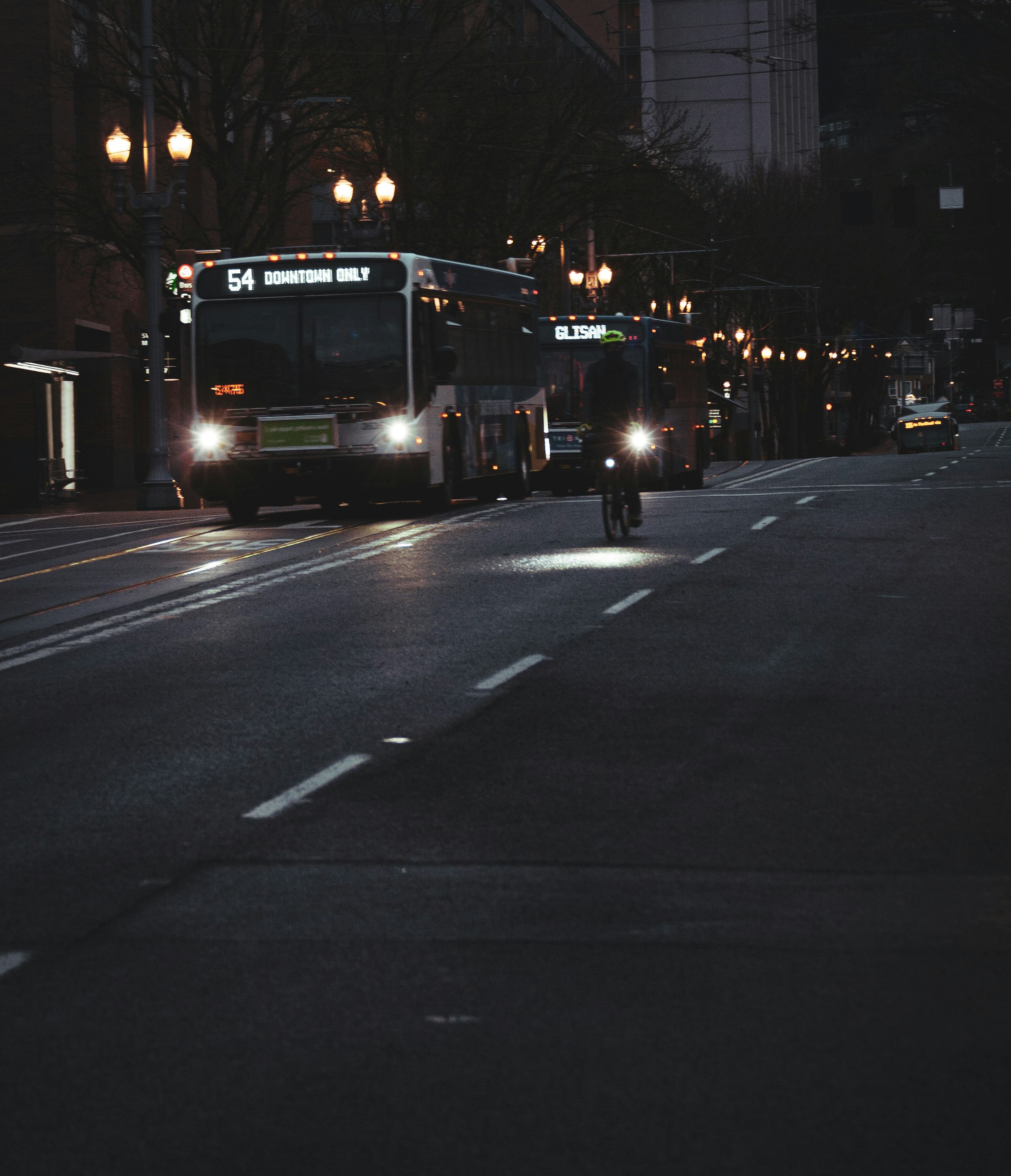 A couple of buses driving down a street at night photo – Free Photo ...