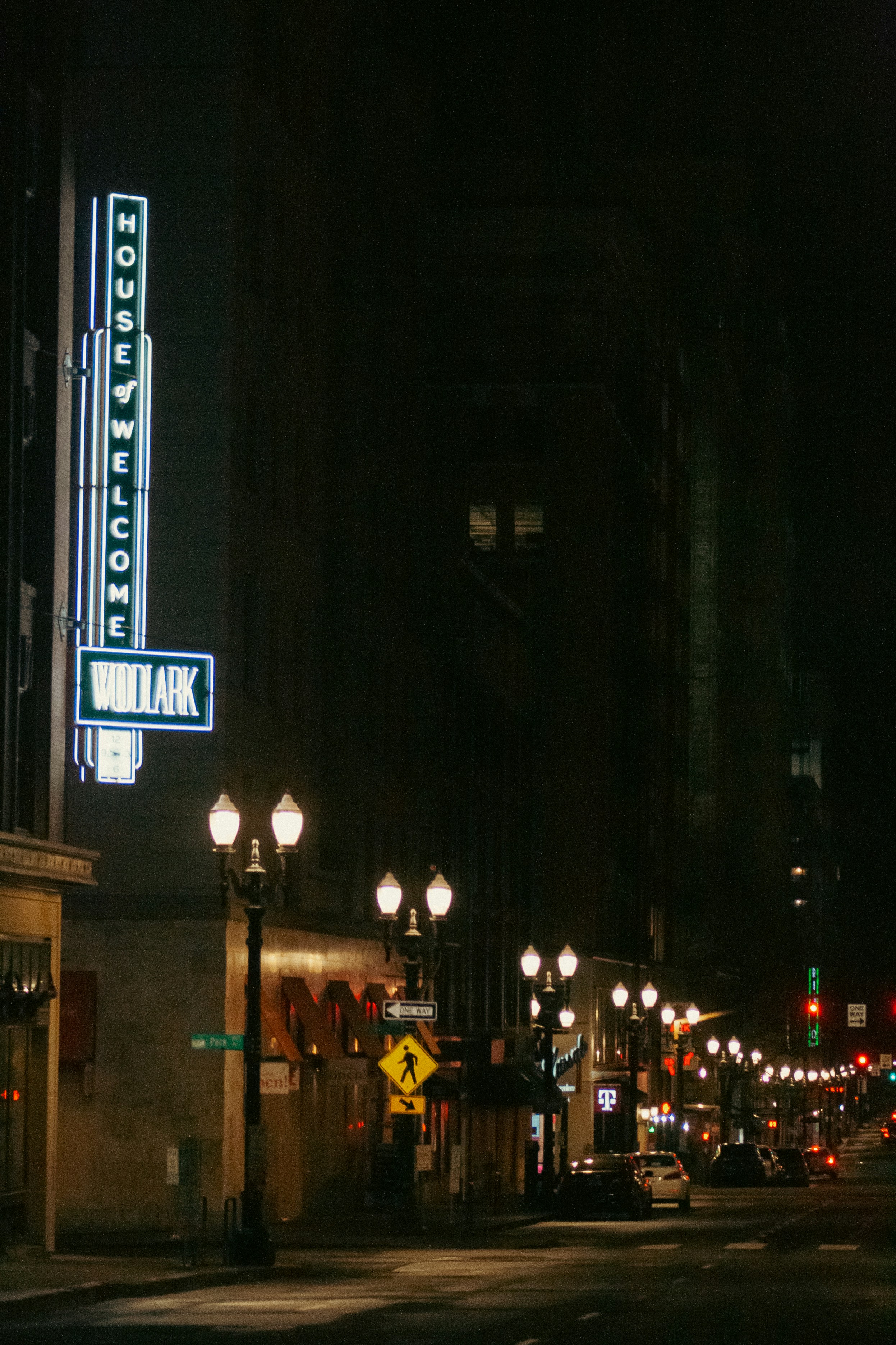 Vertical Neon Spine Over a Sleeping Street: Nighttime Lanterns on a Quiet Block