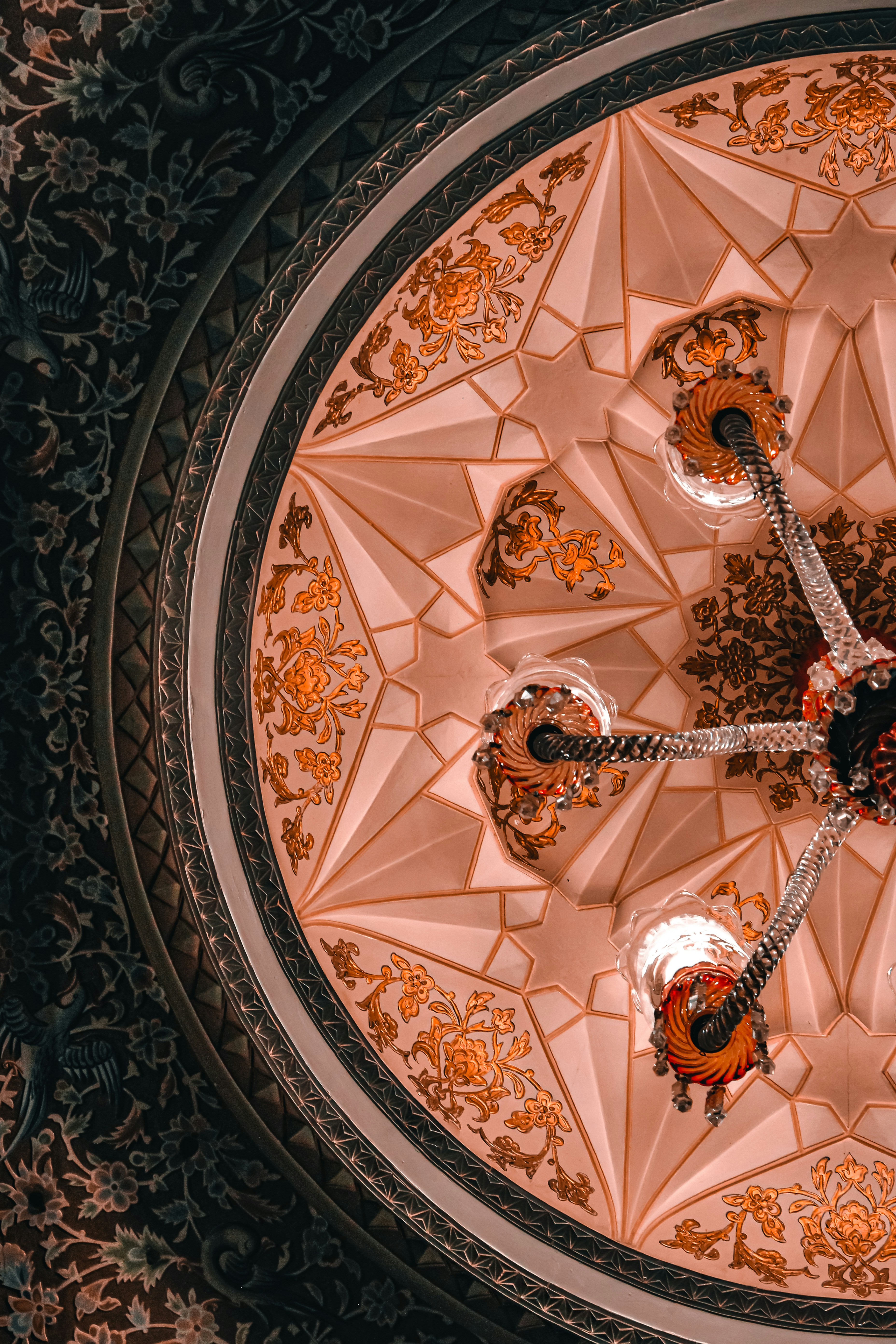 Geometric Lantern Dome: Warmth and Gold in a Floral Frame