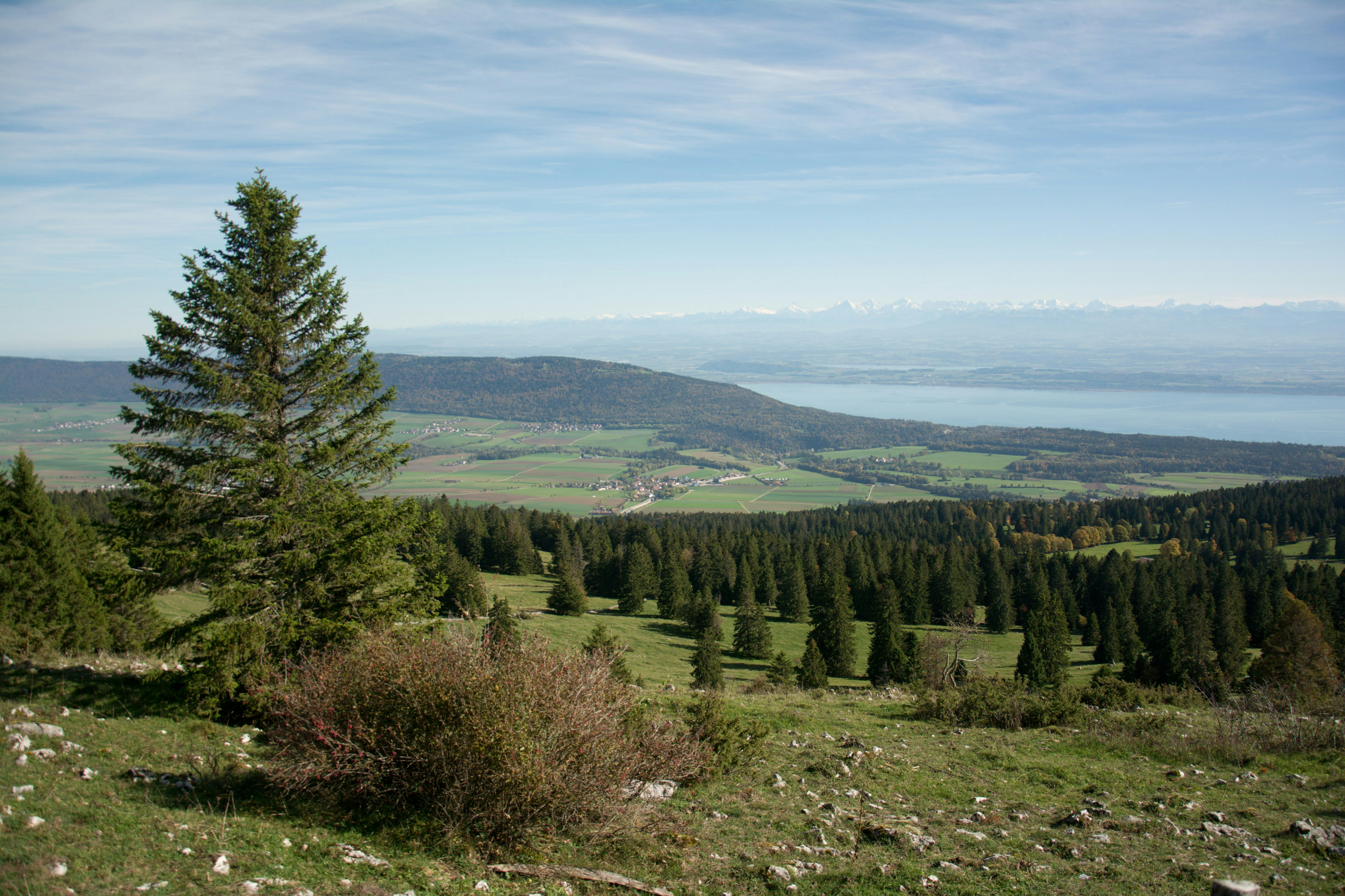 Foto Una vista de un valle con un lago en la distancia – Imagen Grandes ...