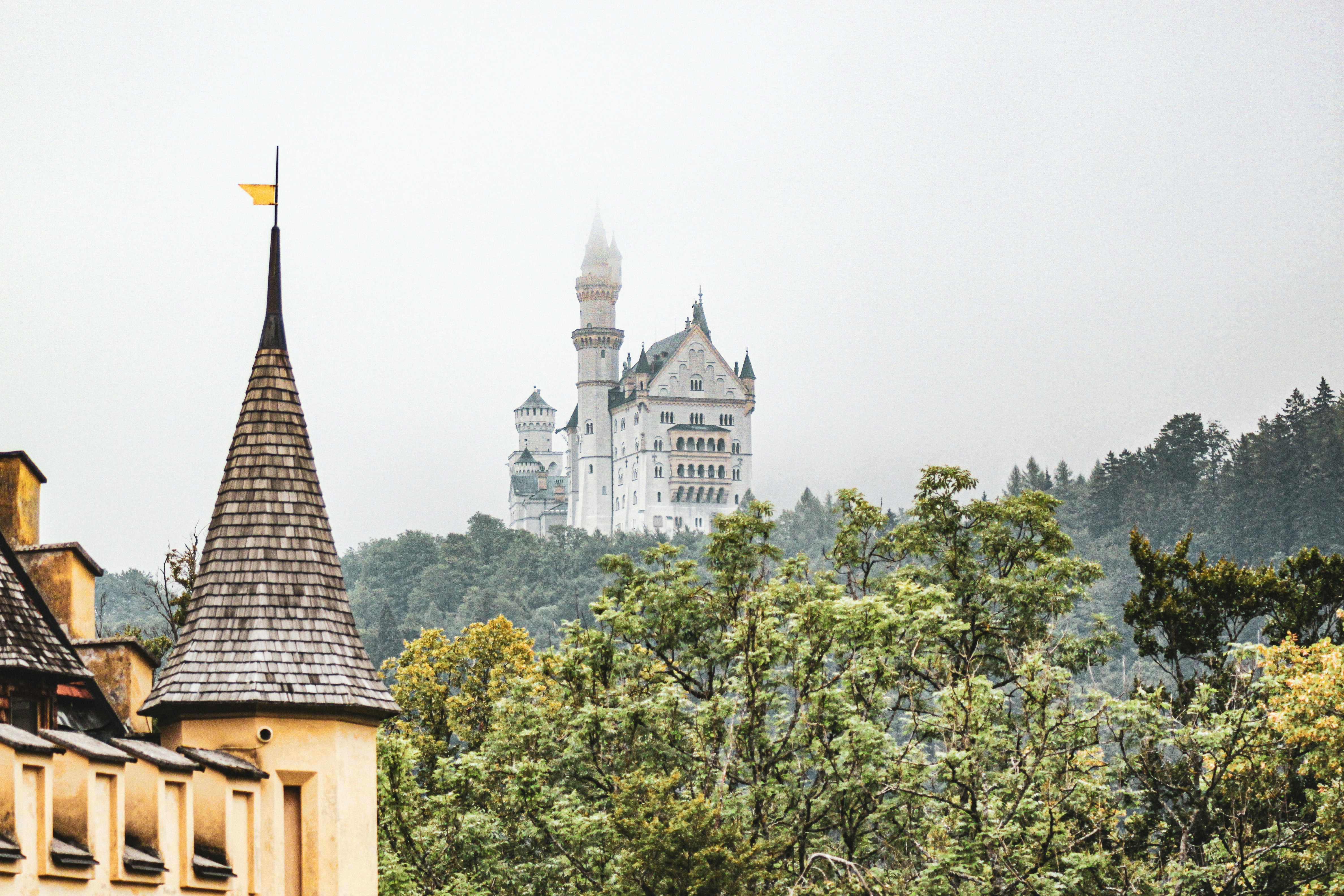 A castle in the distance with trees in the foreground photo – Free ...