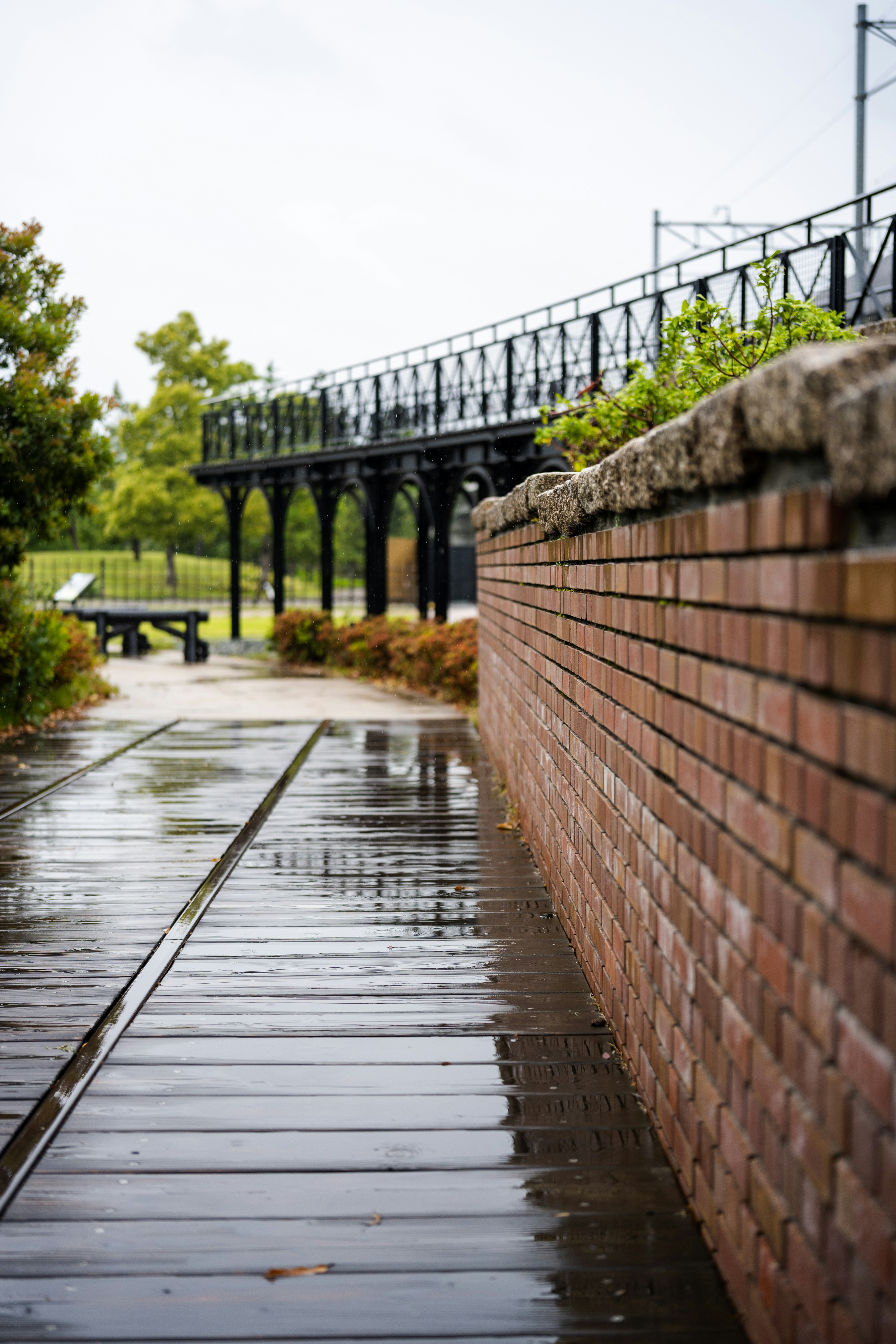 Rails and Brick: A Quiet Wet Day by the Elevated Track