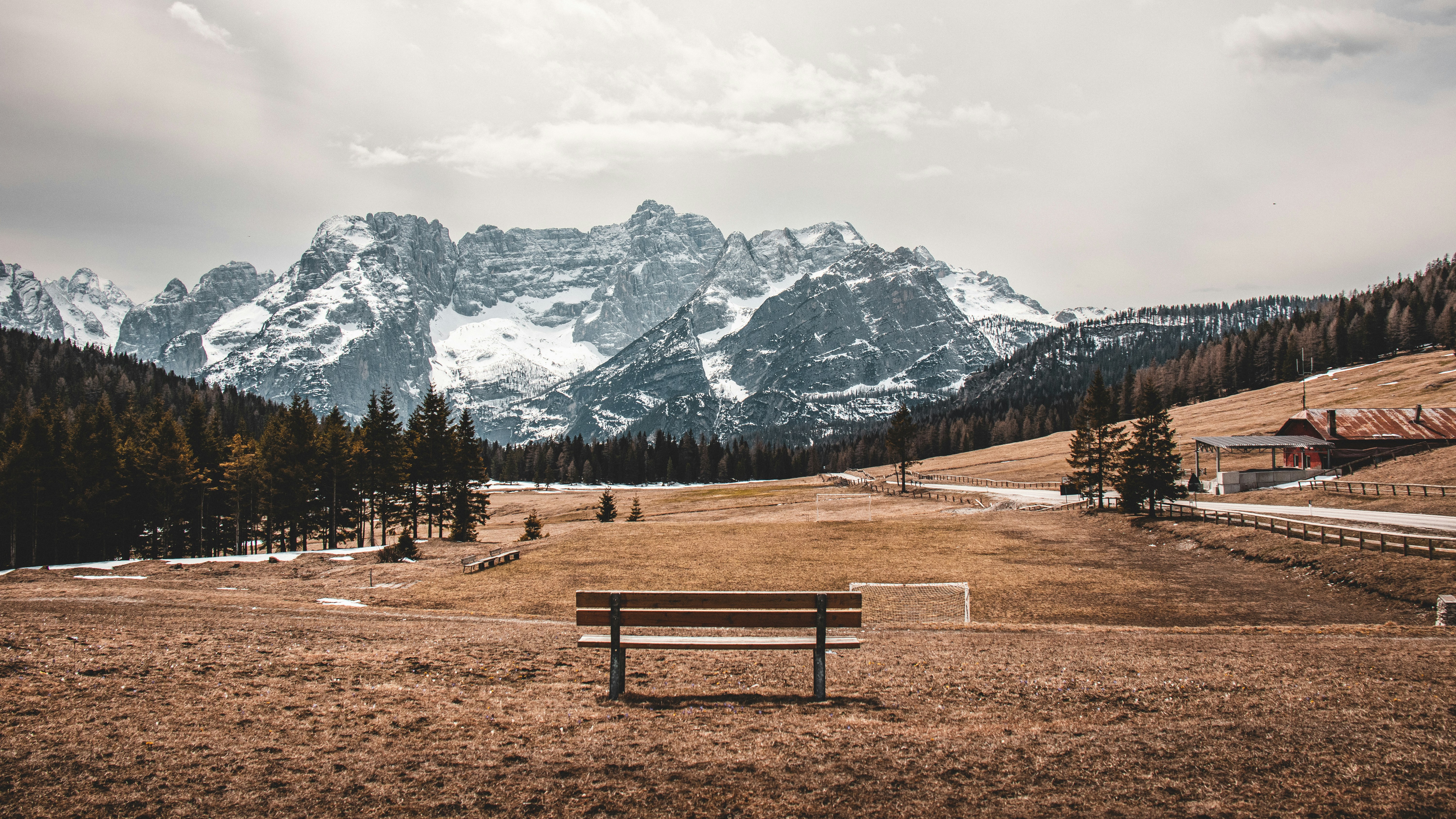 Bench Beneath Snow-Capped Peaks Over a Golden Alpine Plain