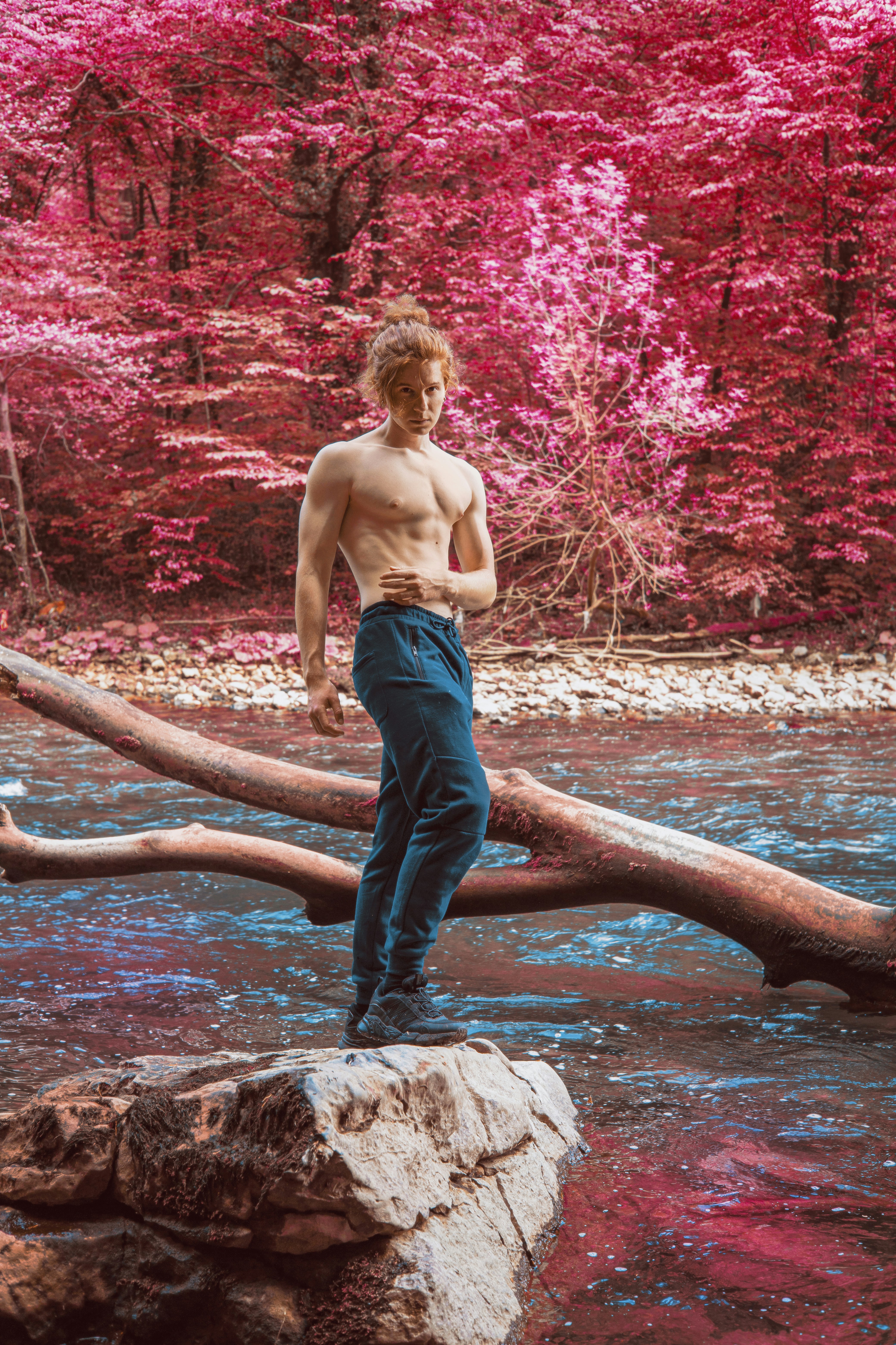 Crimson Forest Portrait: A shirtless figure balances on driftwood above a calm river