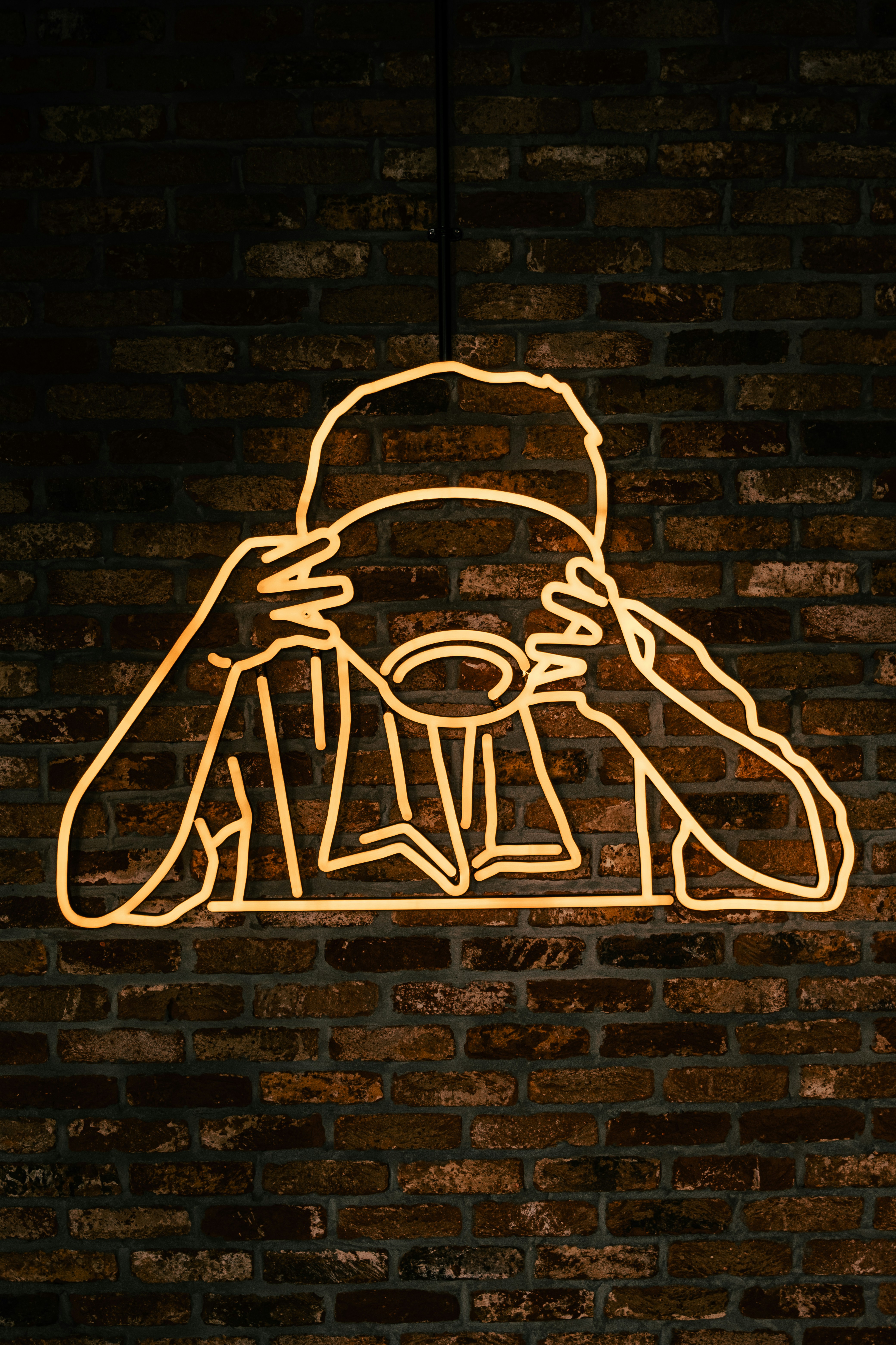 Neon Portrait of a Hidden Photographer Against Brick