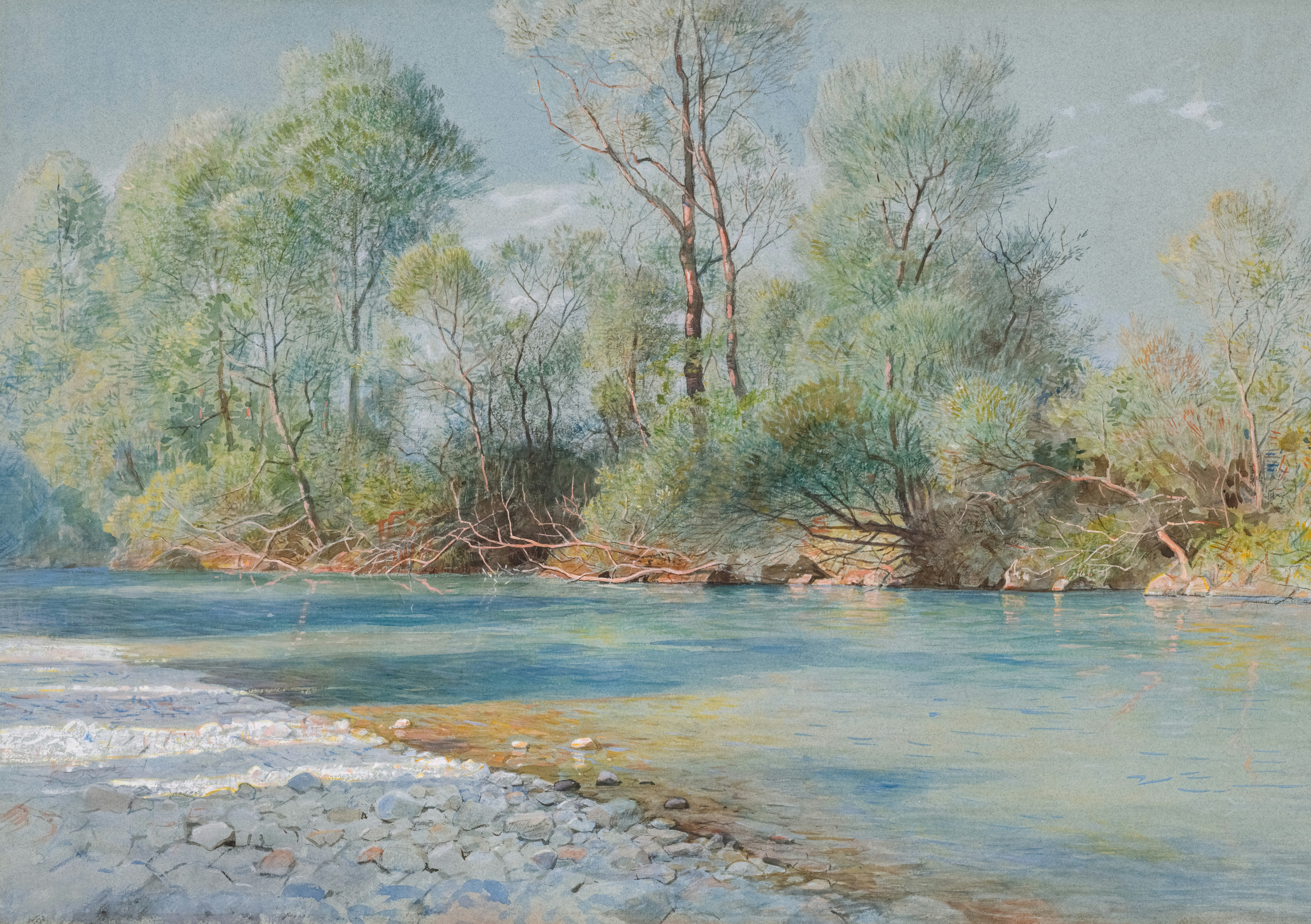 A painting of a river surrounded by trees photo – Free Art Image on ...