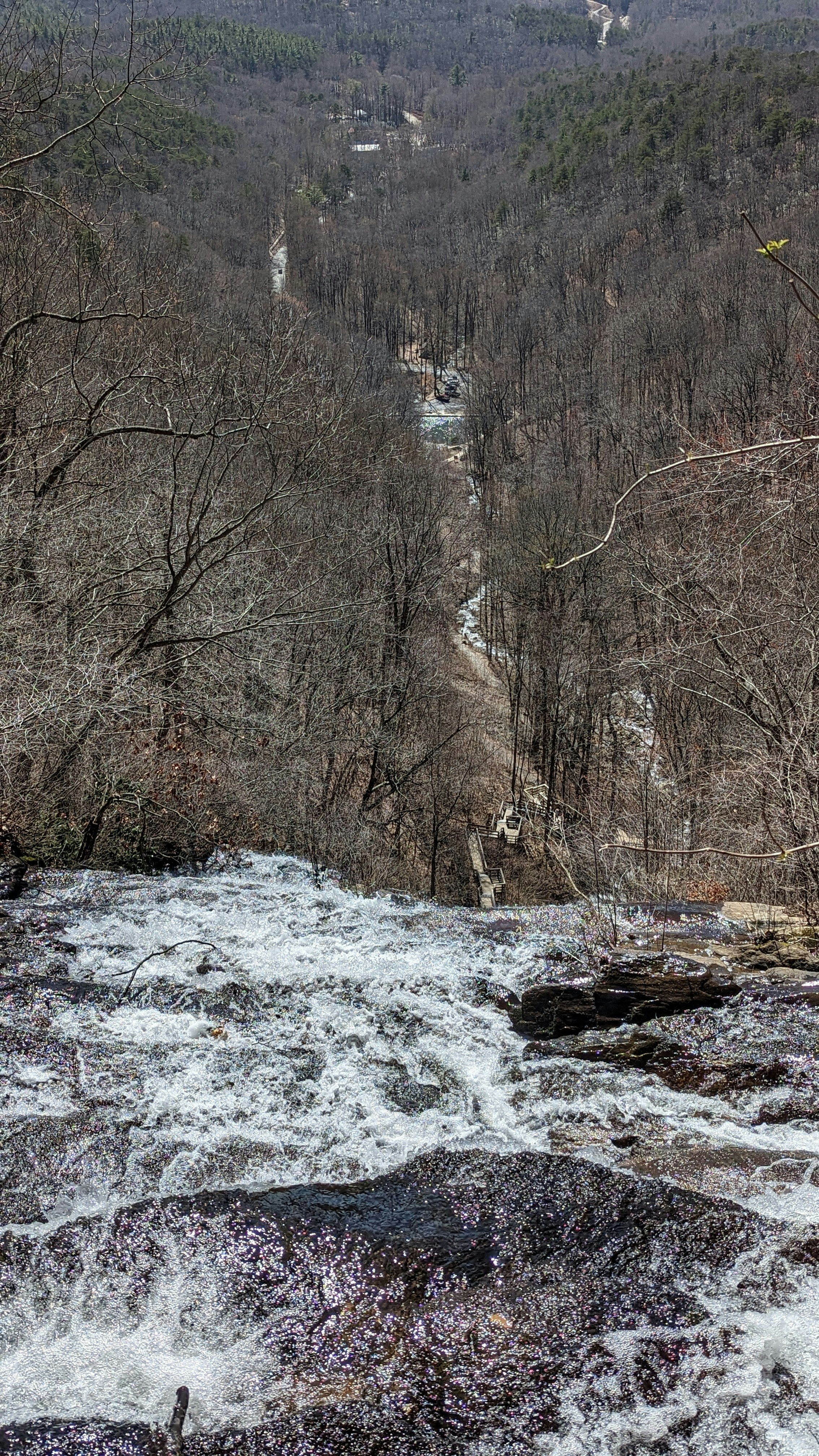 Winter Cascade Over Rocky Ledge: A Narrow Gorge Framed by Bare Trees