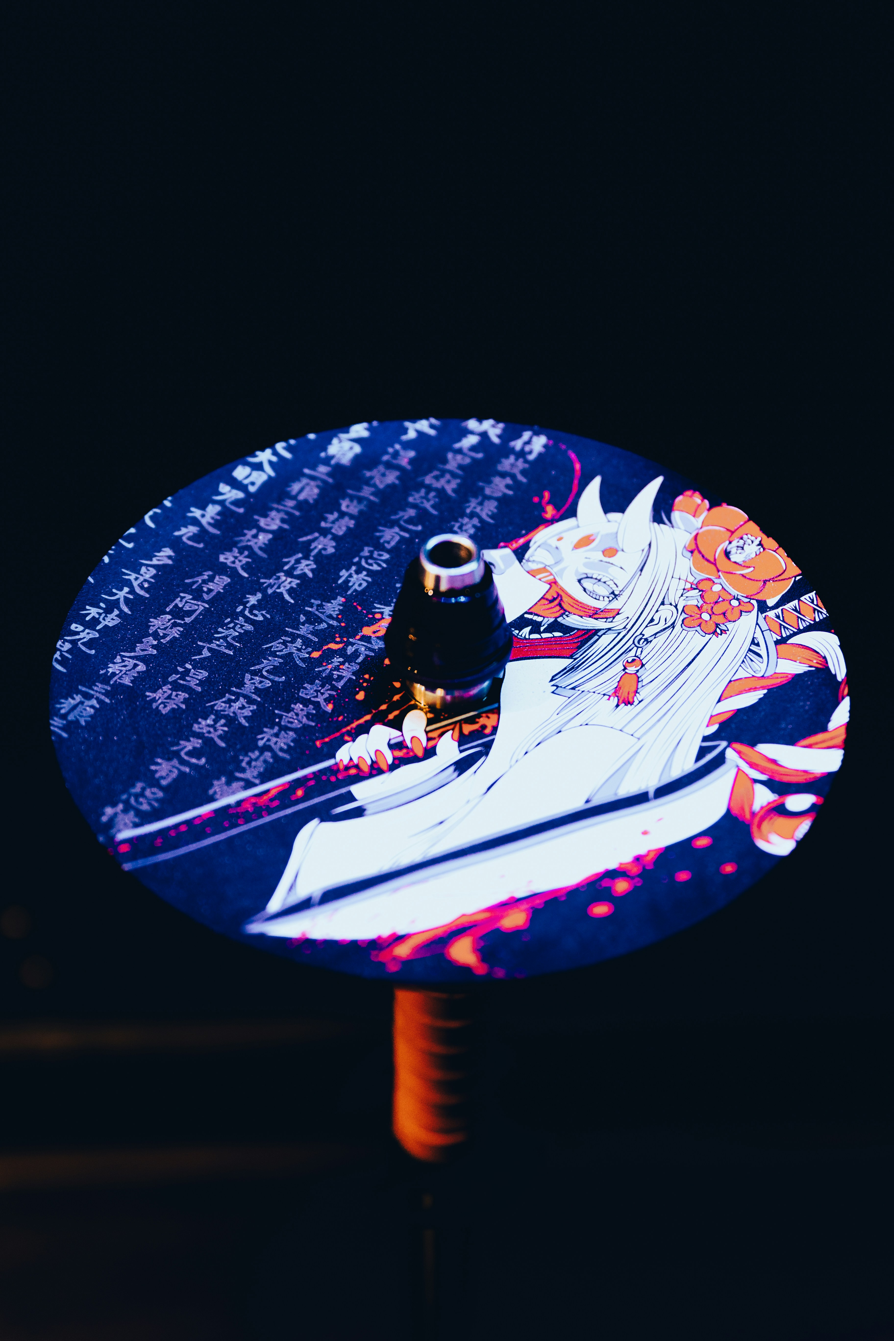 Violet-lit Circular Illustration: White-Haired Heroine Wielding a Sword Against Kanji Script