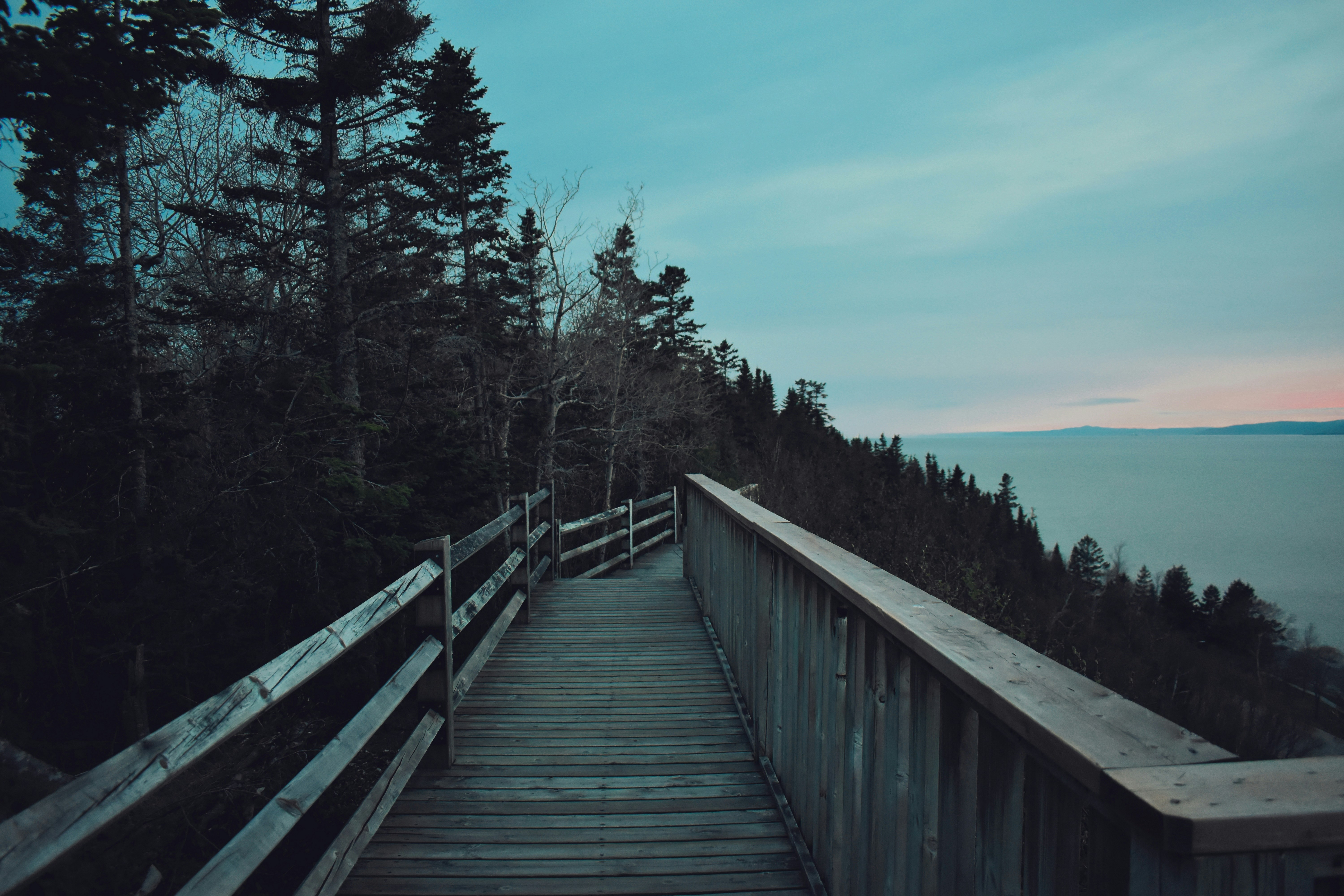 a wooden walkway leading to the top of a mountain