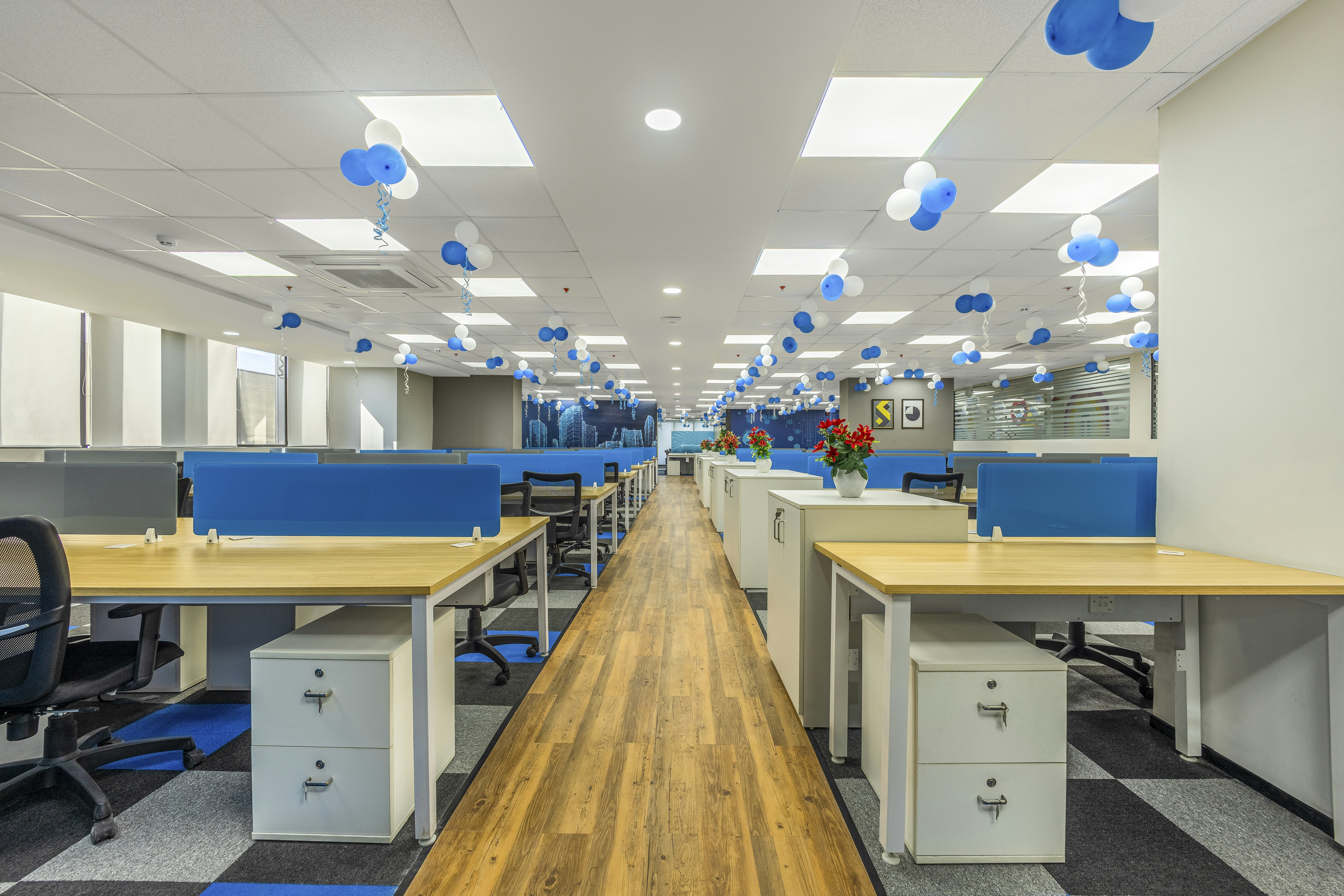 An empty office with blue and white decorations photo – Free People ...